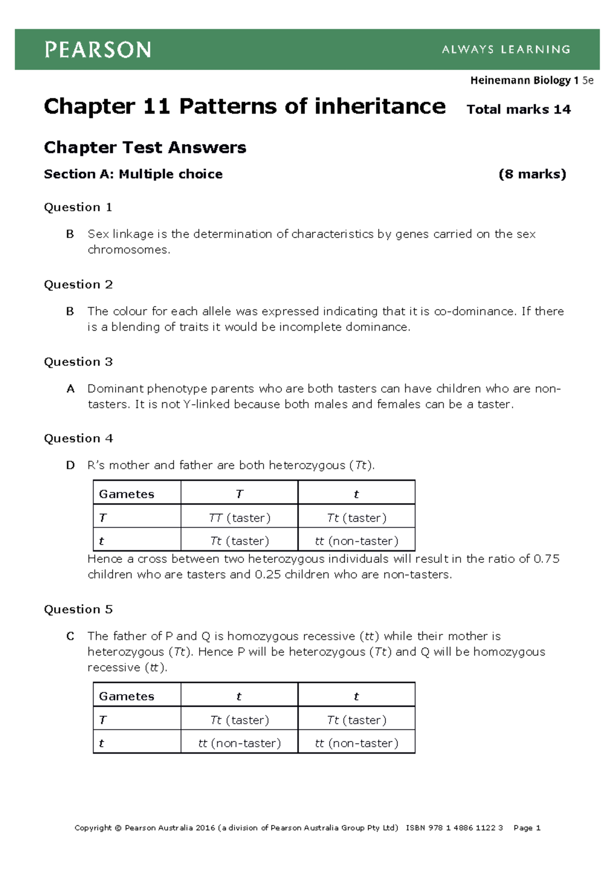 BIO11 CH11 Test Answers - Chapter 11 Patterns of inheritance Total ...