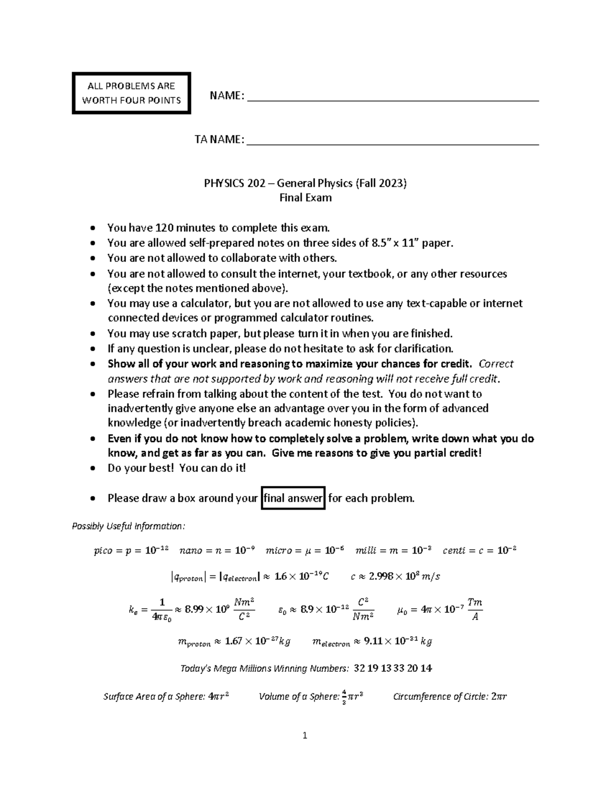 Final Exam Practice - PHY 202 - Fall 2023 - NAME