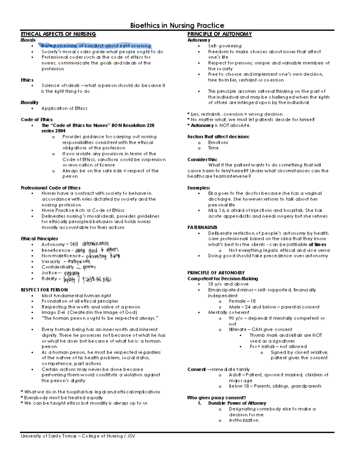 Bioethics in Nursing Practice: Principles of Autonomy and Ethics - Studocu