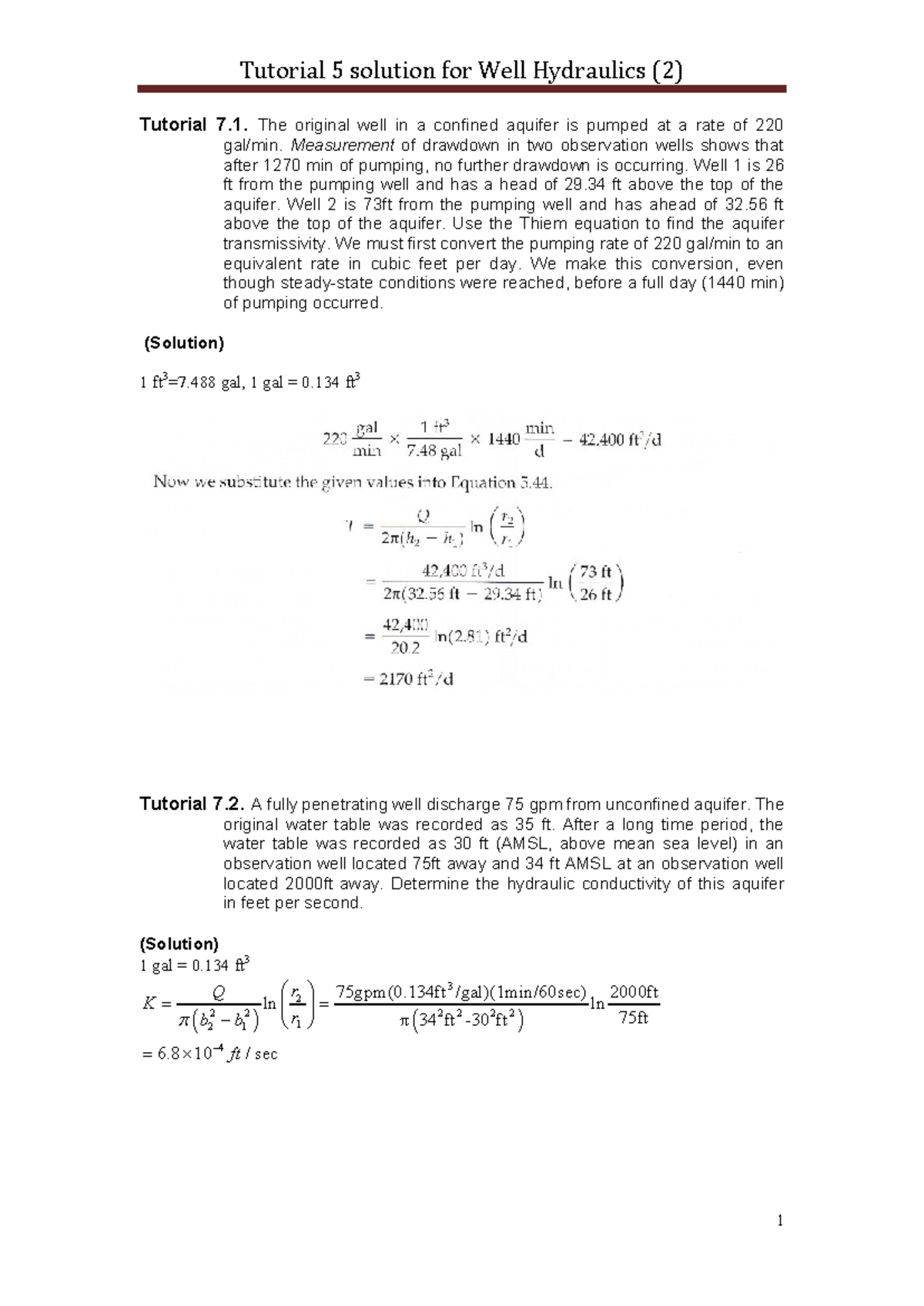 Tutorial Solutions for Well Hydraulics CH7 - Week 6 Analysis - Studocu