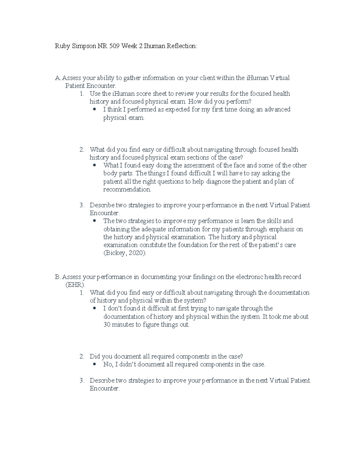 NR 509 Week 2 iHuman Patient Encounter Reflection and Improvement Tips ...