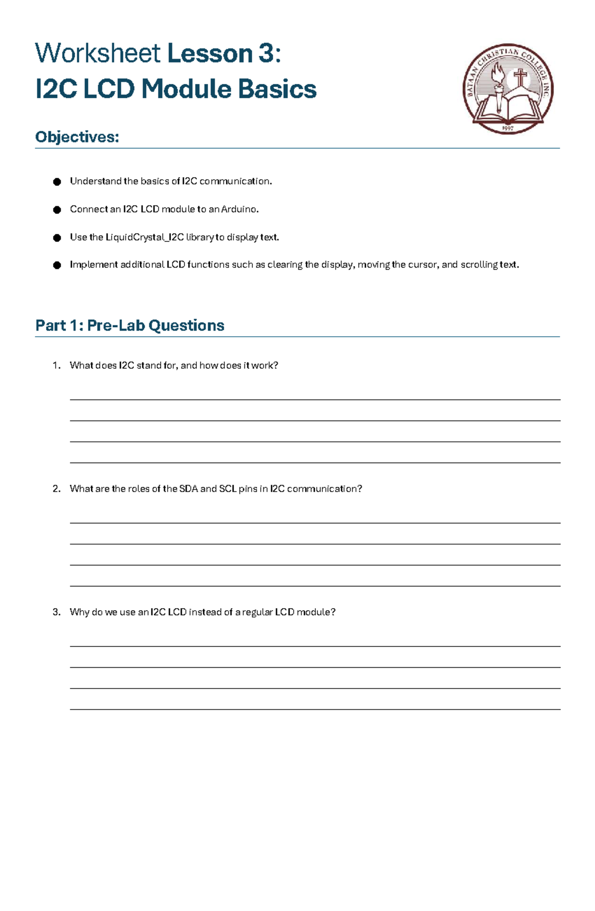 Lesson 3: I2C LCD Module Basics - Electronics & Robotics with Arduino ...