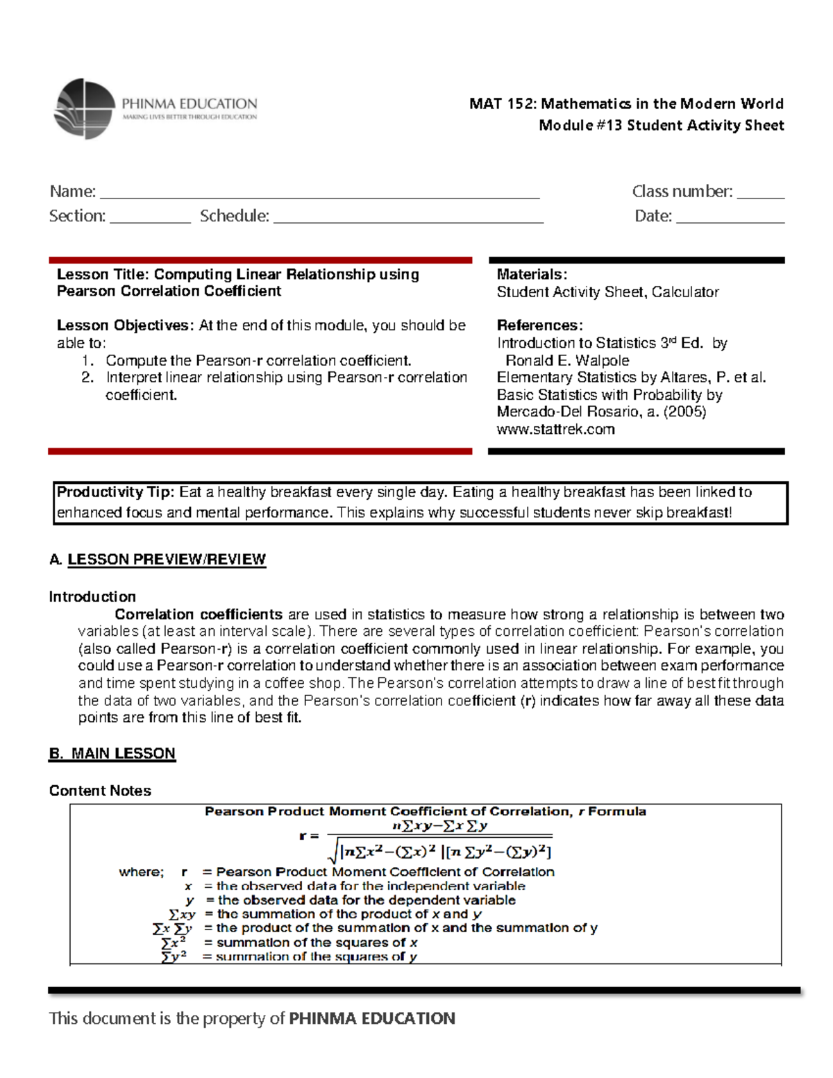 SAS13-MAT-152 Pearson Correlation Coefficient: Student Activity Sheet ...