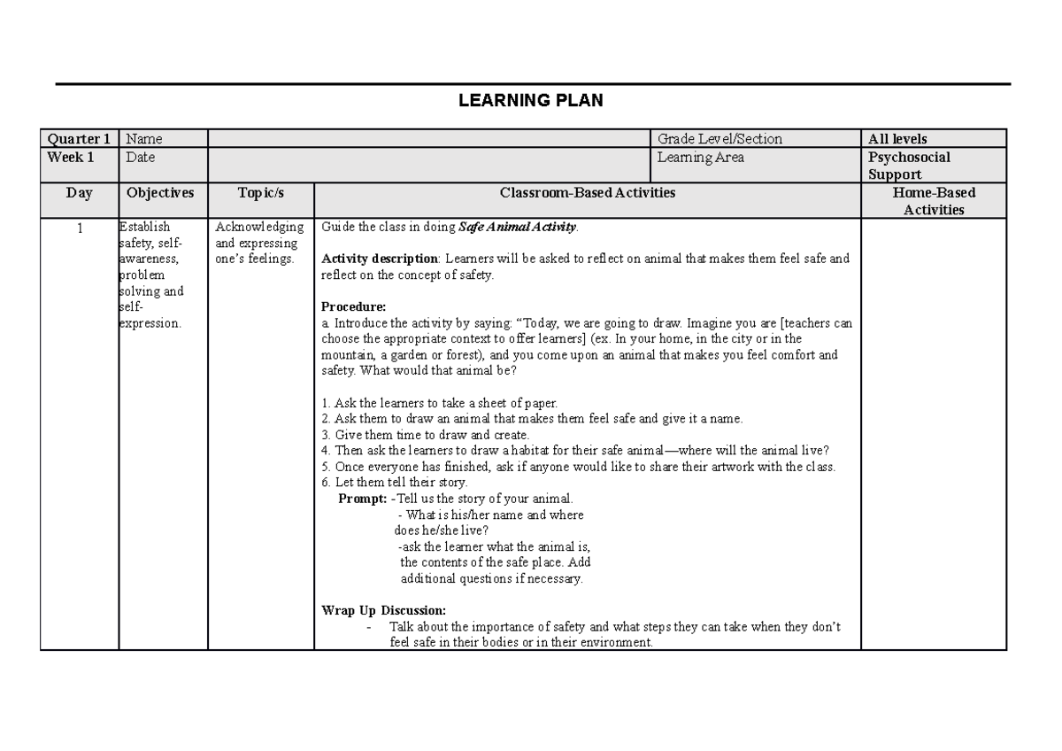 Psychosocial Support Activities: Learning Plan for All Levels - Studocu
