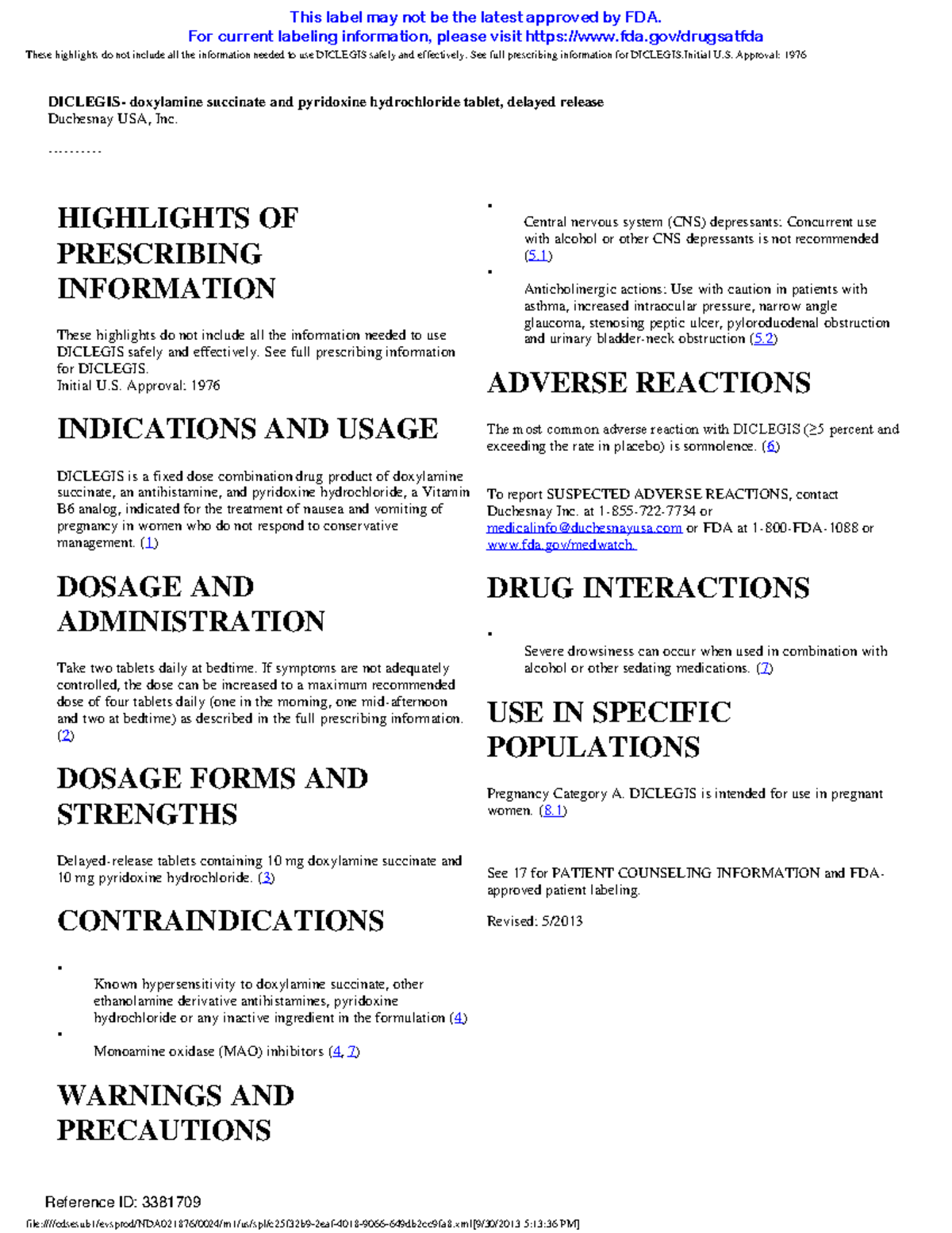 DICLEGIS (Doxylamine Succinate & Pyridoxine HCl) Patient Info & Safety ...