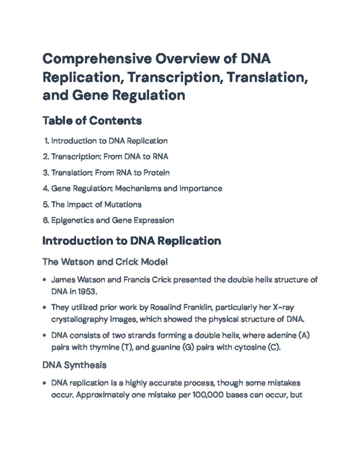 DNA Overview: Replication, Transcription, Translation & Gene Regulation ...