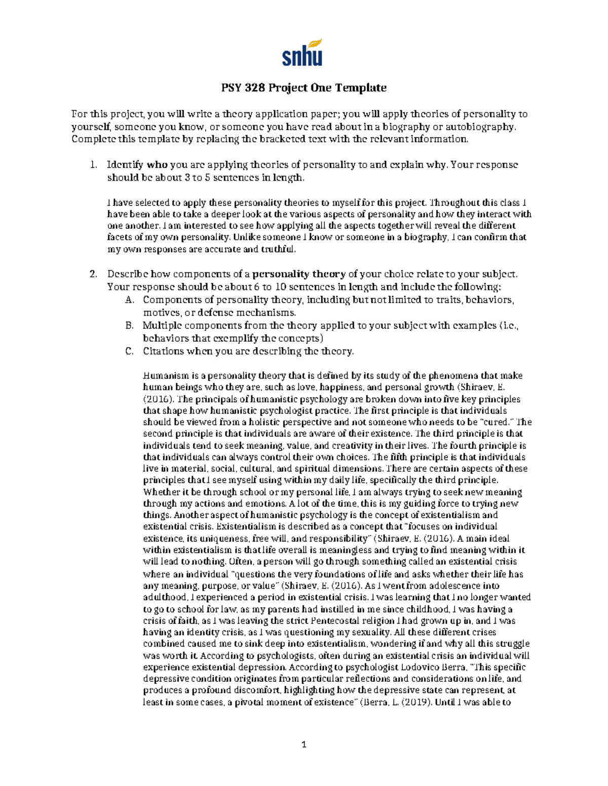 PSY 328 Theory Application Paper: Exploring Personalities and Growth ...