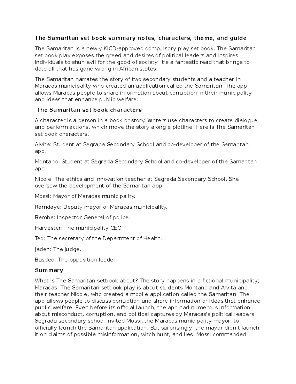 The Samaritan Set Book Summary, Characters, and Themes Guide - Studocu