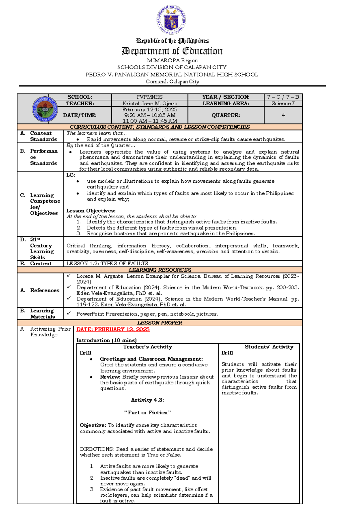 Types of Faults in Science 7: Active vs Inactive (Lesson 1.2) - Studocu