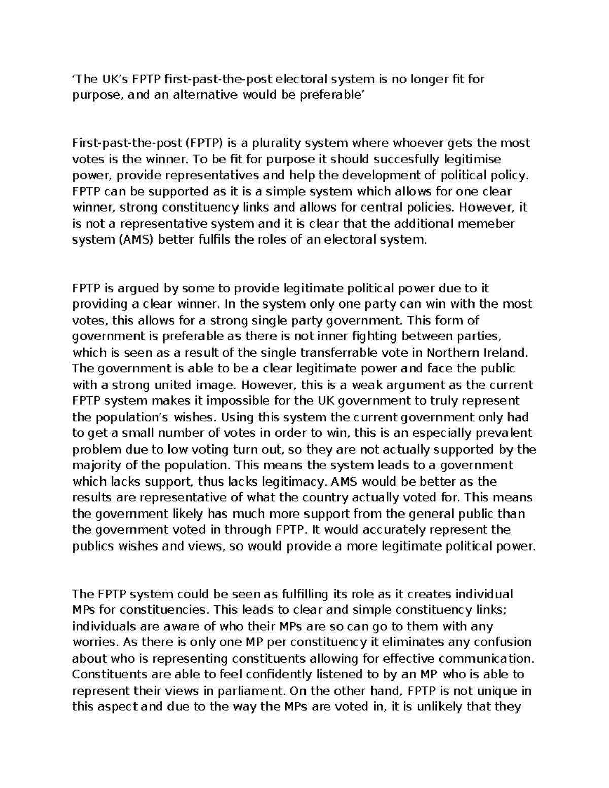 FPTP Electoral System Analysis: Limitations and Alternatives - Studocu