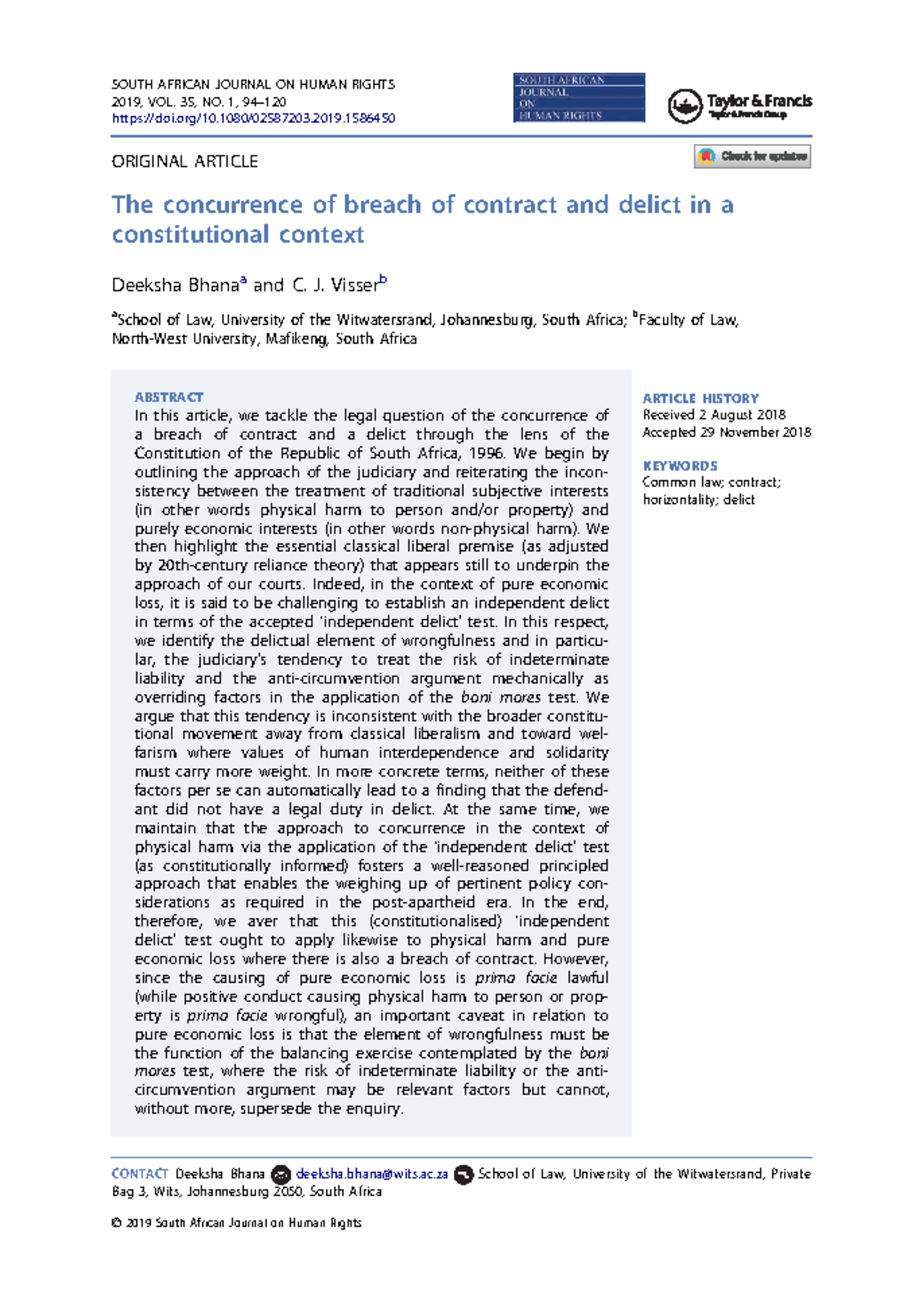SOUTH AFRICAN JOURNAL ON HUMAN RIGHTS 2019, VOL. 35, NO. 1: Concurrence ...