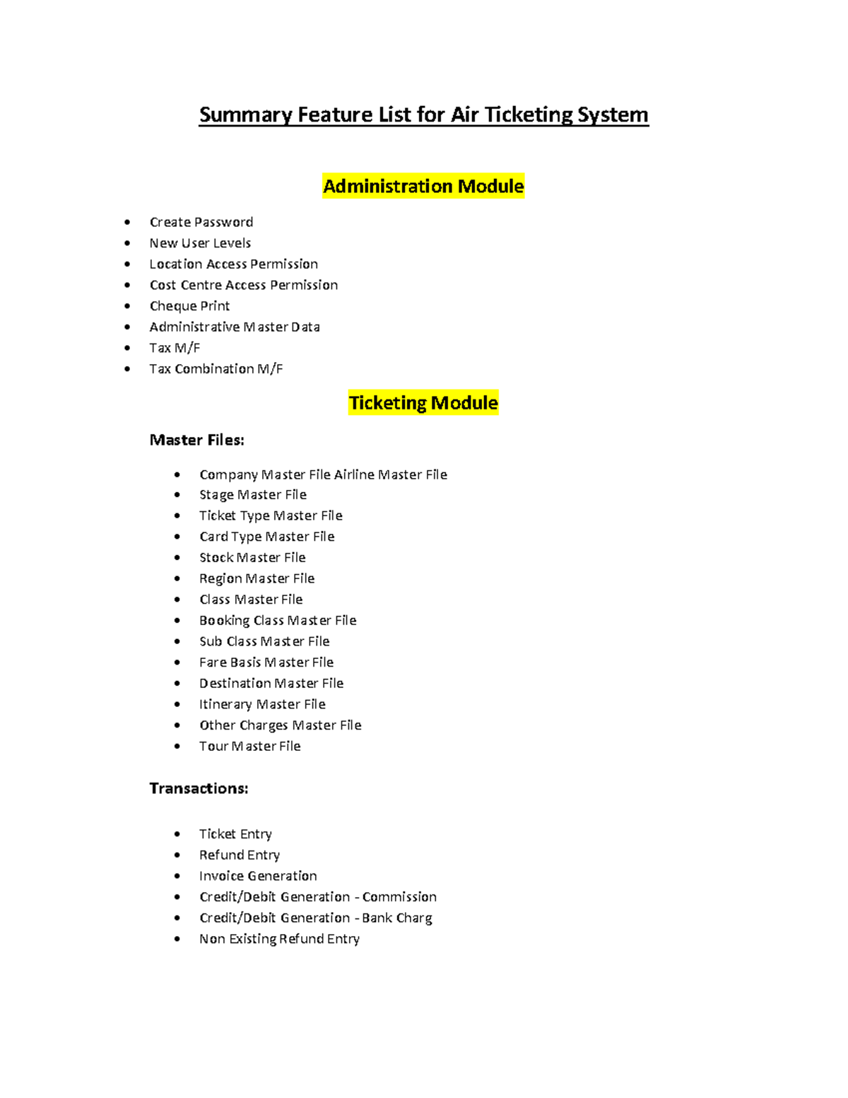 Summary Feature List for Air Ticketing System (ATSM 101) - Studocu