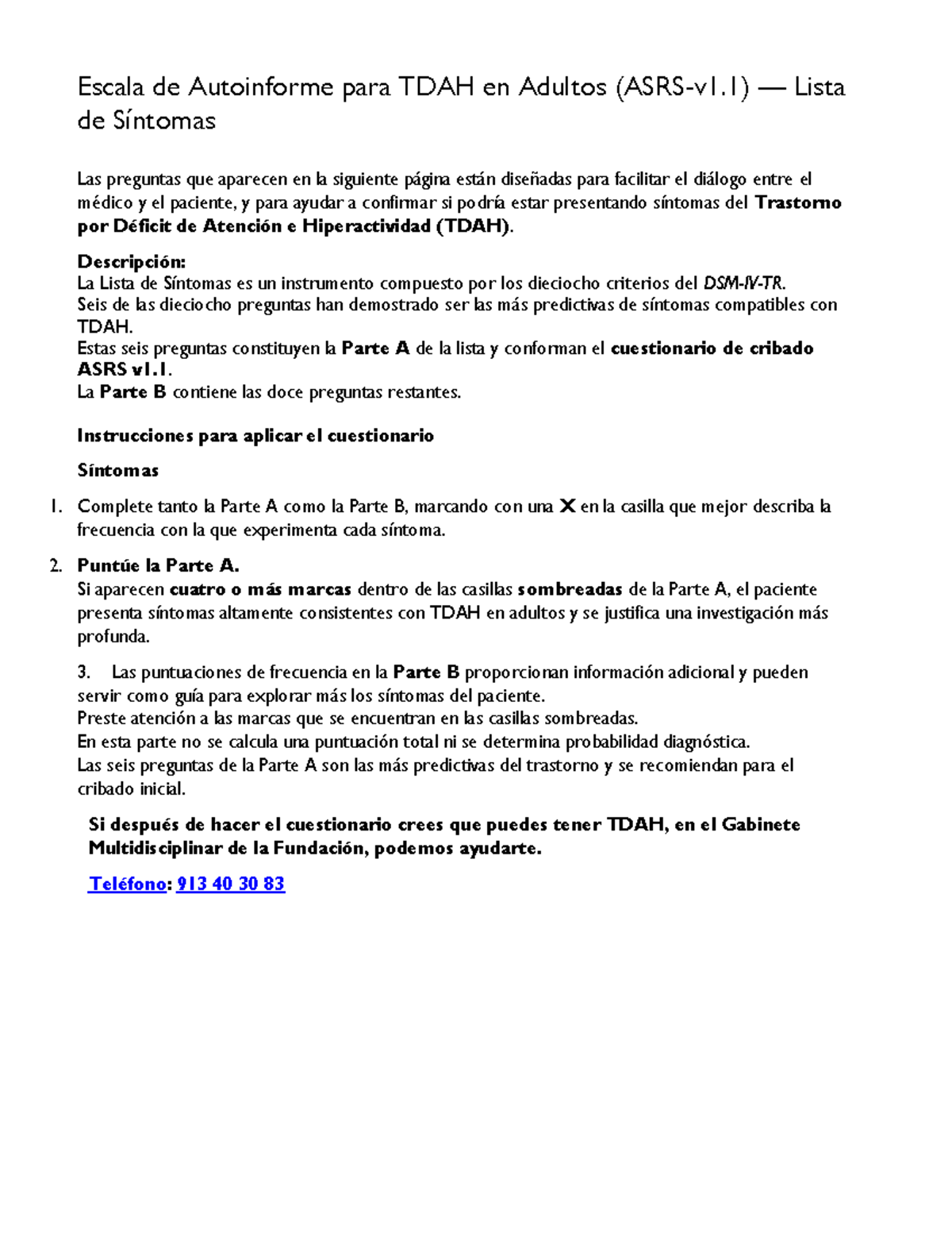 Escala de Autoinforme para TDAH en Adultos: Lista de Síntomas - Studocu