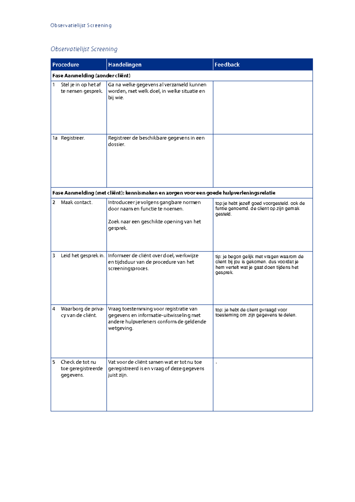 Observatielijst Screening: Procedure en Feedback Analyse - Studeersnel