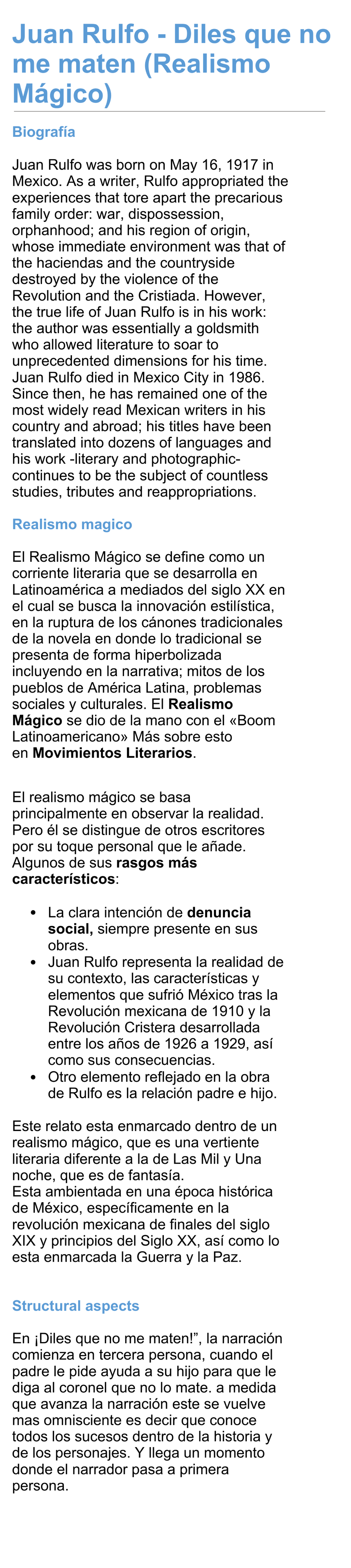 Juan Rulfo: An Analysis of "Diles que no me maten" - Studocu