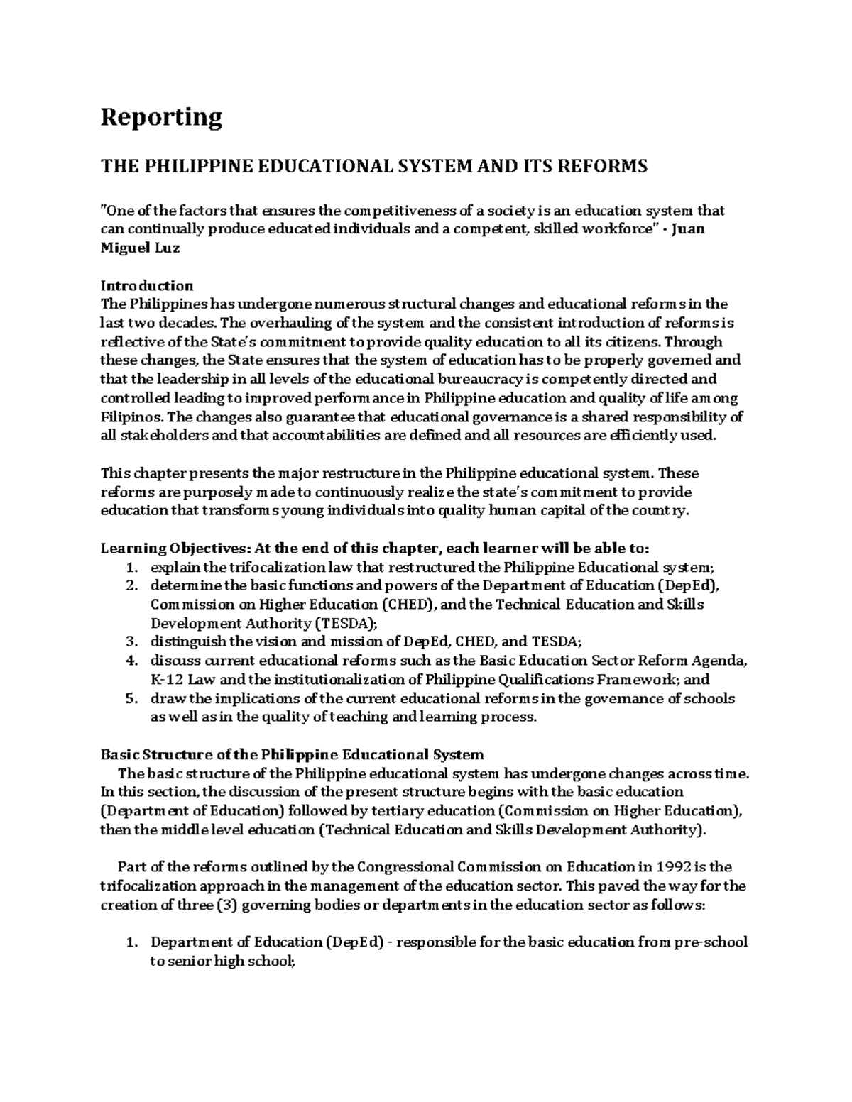 Profed - Reporting on the Philippine Educational System & Reforms - Studocu