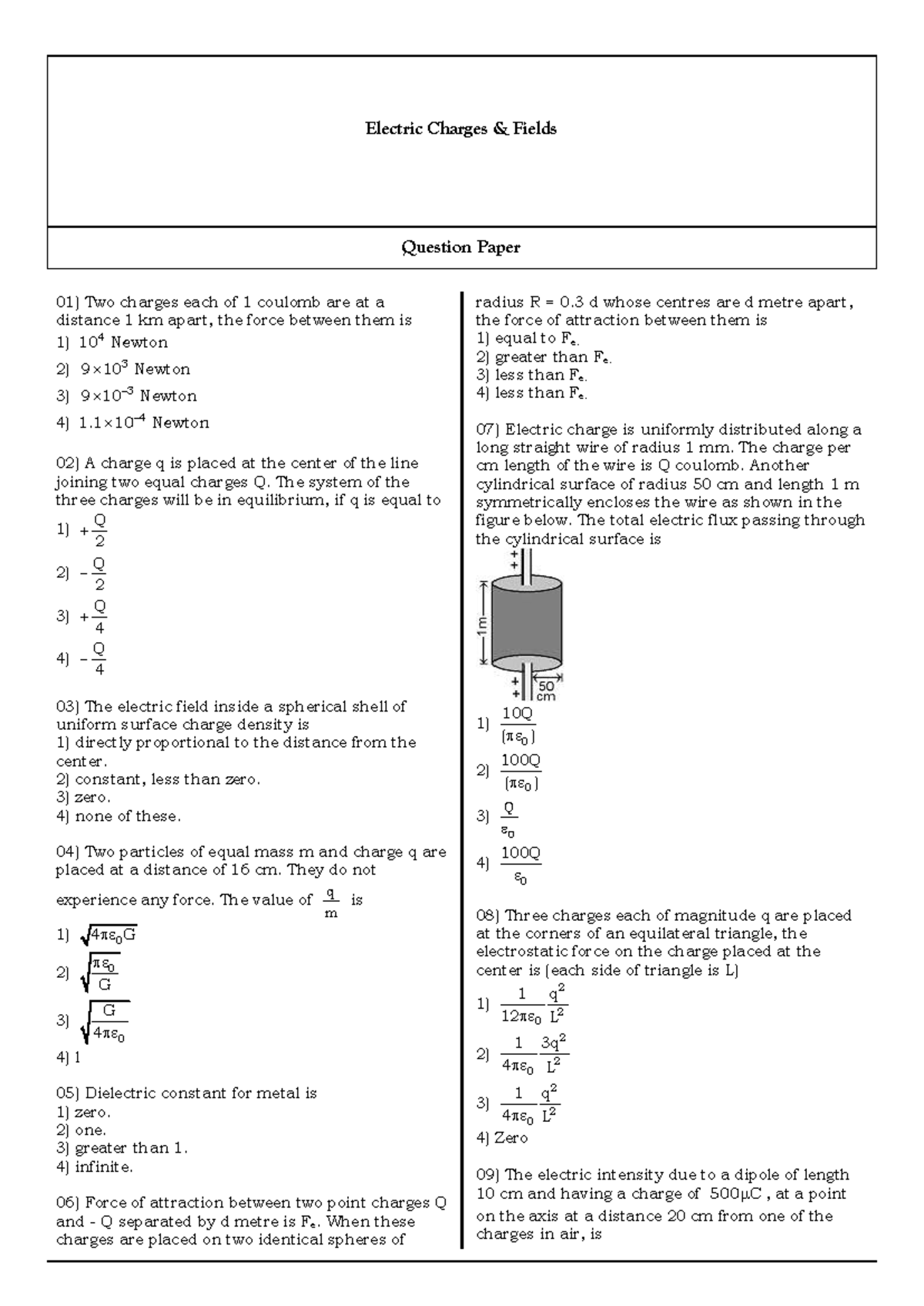Electric Charges and Fields Question Paper (617273739) - Studocu