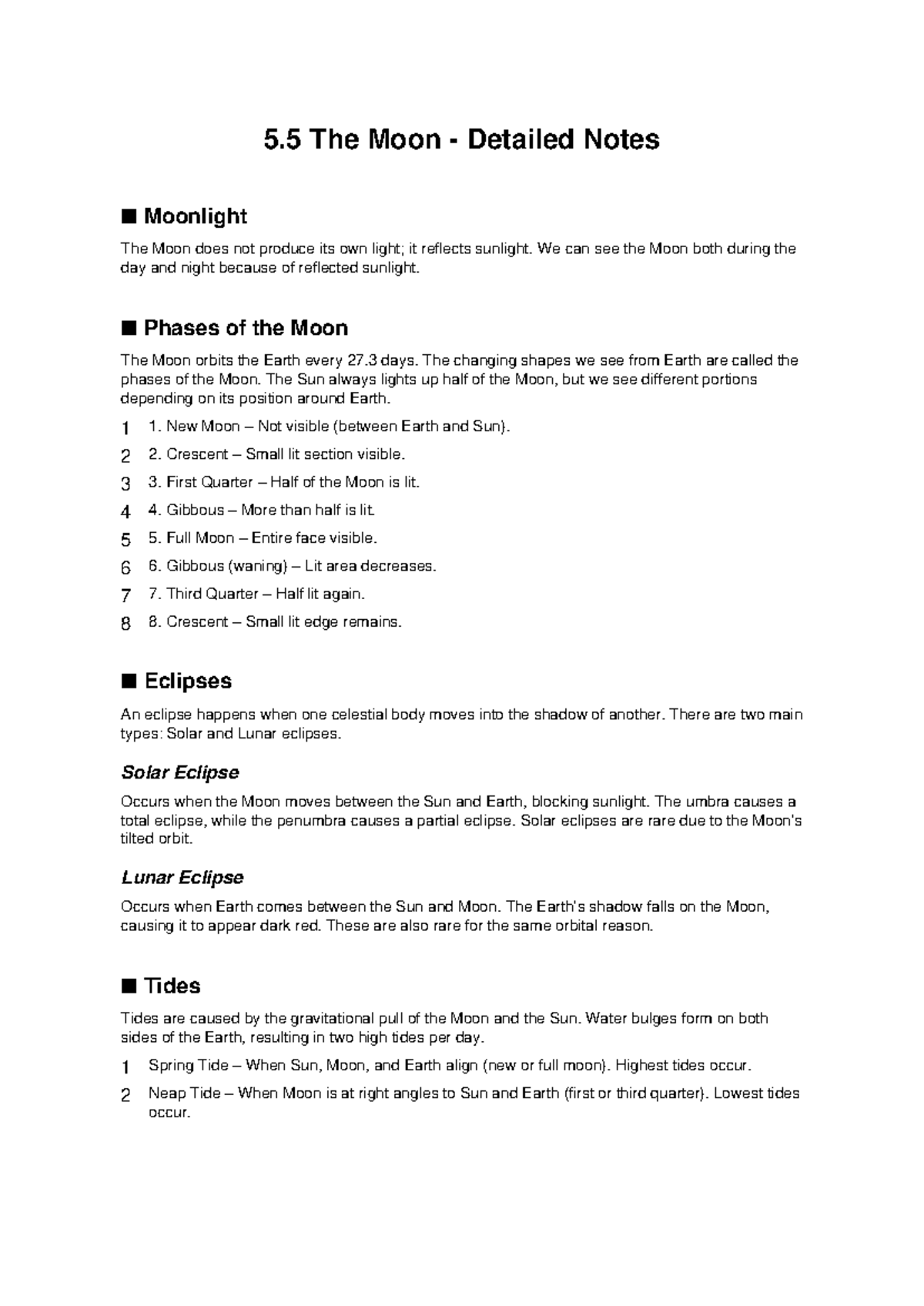 The Moon: Phases, Eclipses, and Tides - Detailed Notes - Studocu