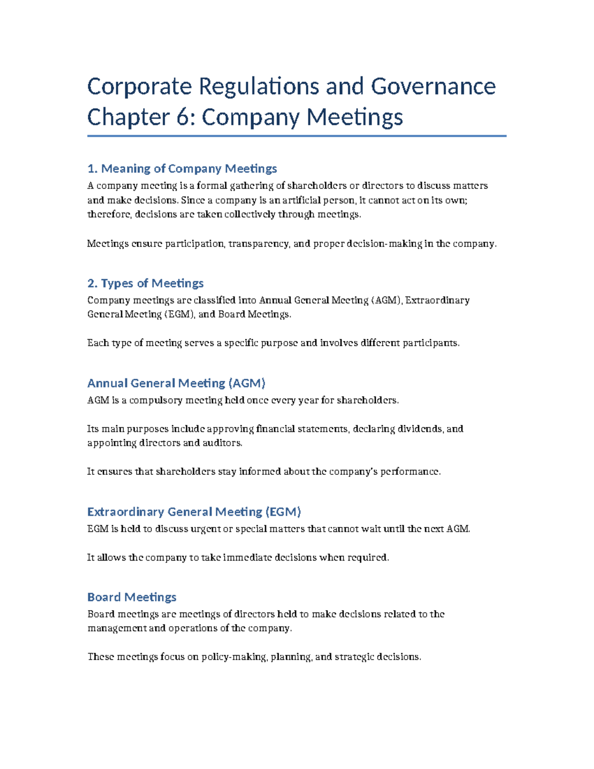 Corporate Regulations & Governance: Chapter 6 - Company Meetings - Studocu