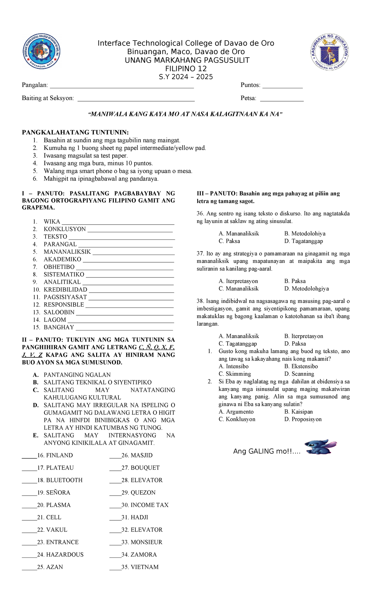 Filipino 3rd Quarter - Interface Technological College of Davao de Oro ...