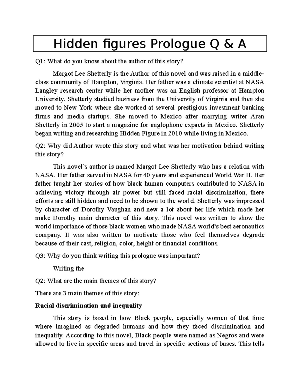 Hidden figures Prologue Questions and Answers - Hidden figures Prologue ...
