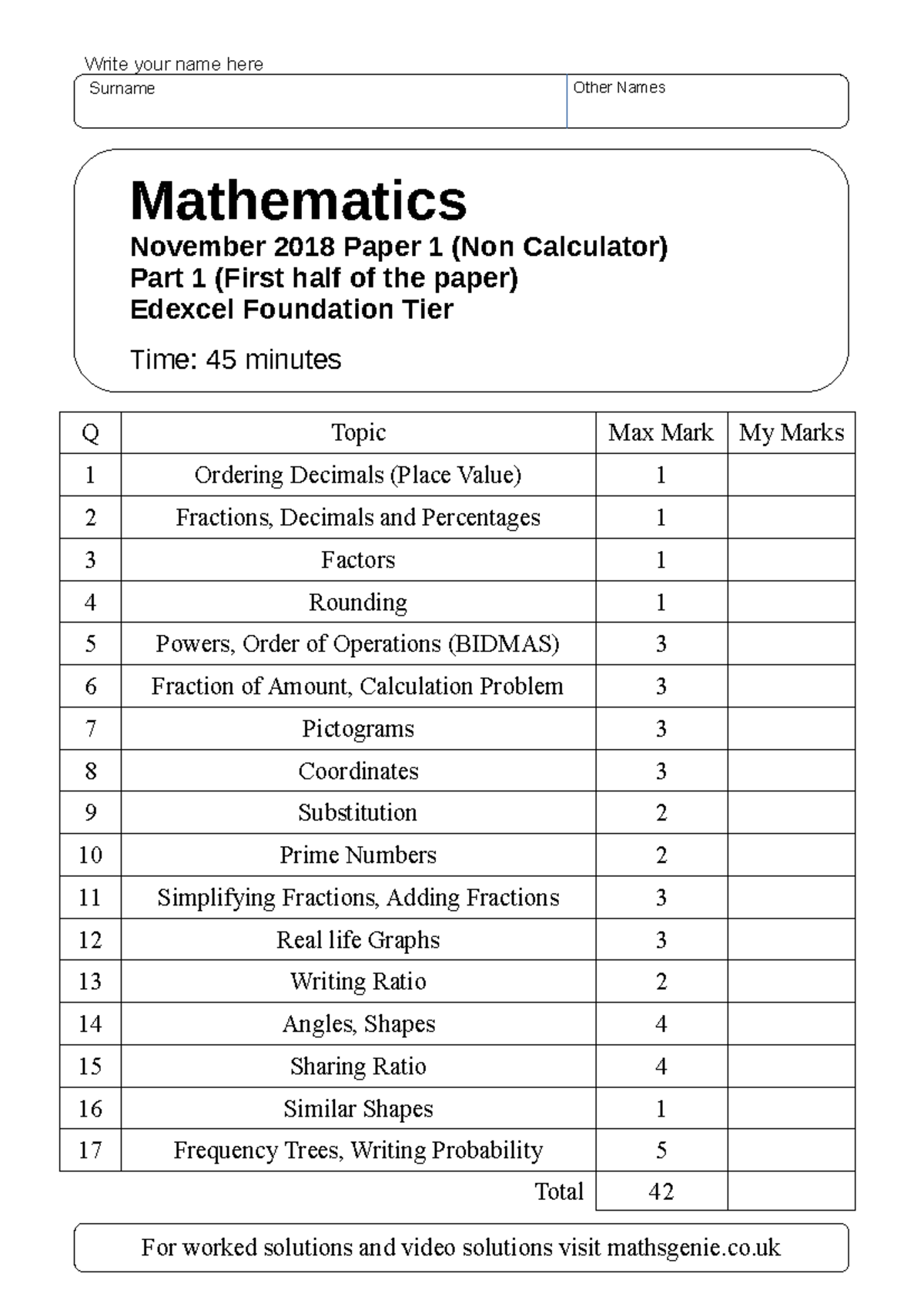 Edexcel Mathematics Nov 2018 Paper 1 (Non-Calculator) - Foundation Tier ...