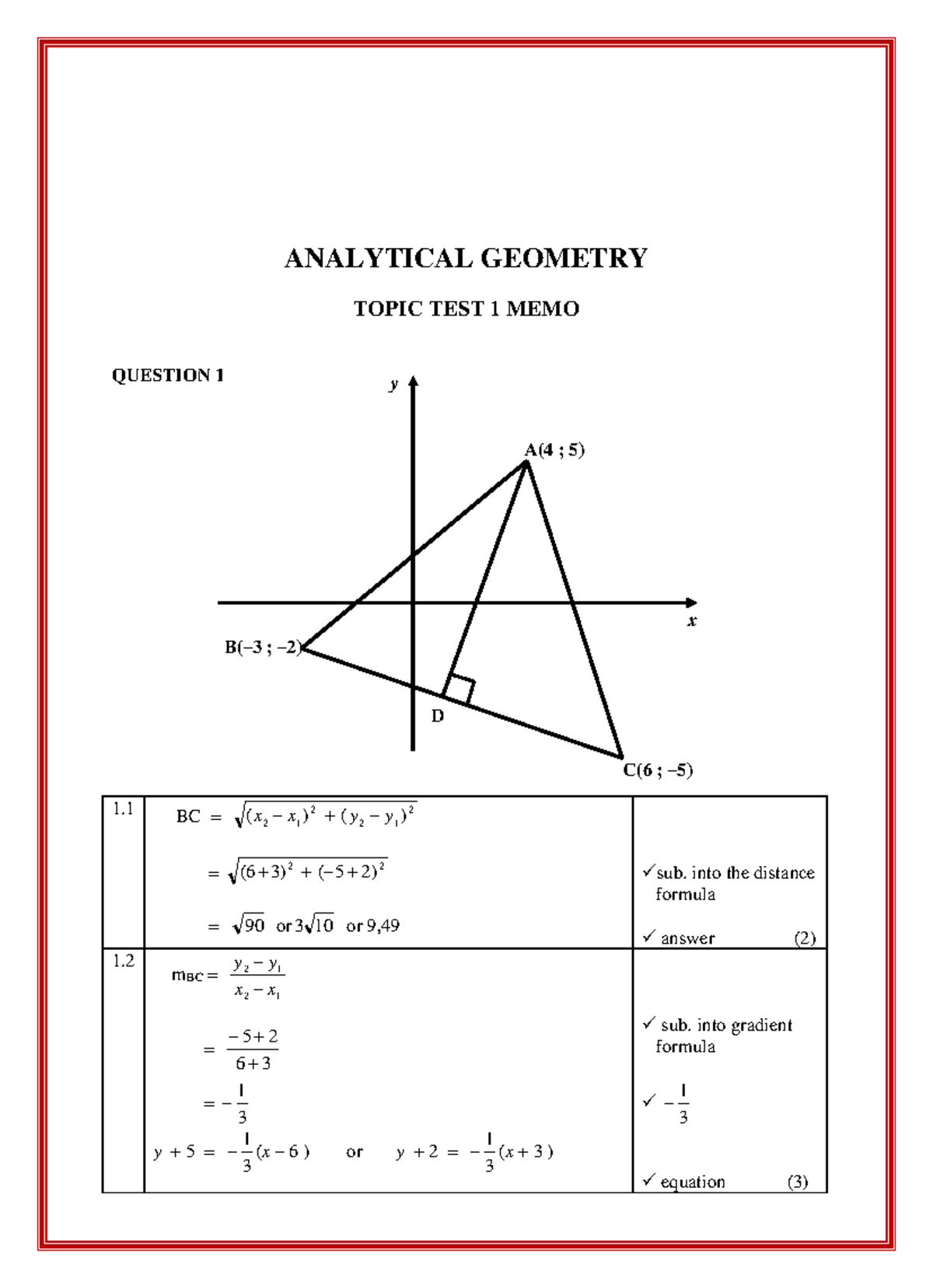 MSI Analytical Geometry Topic Test 1 Memo - Studocu