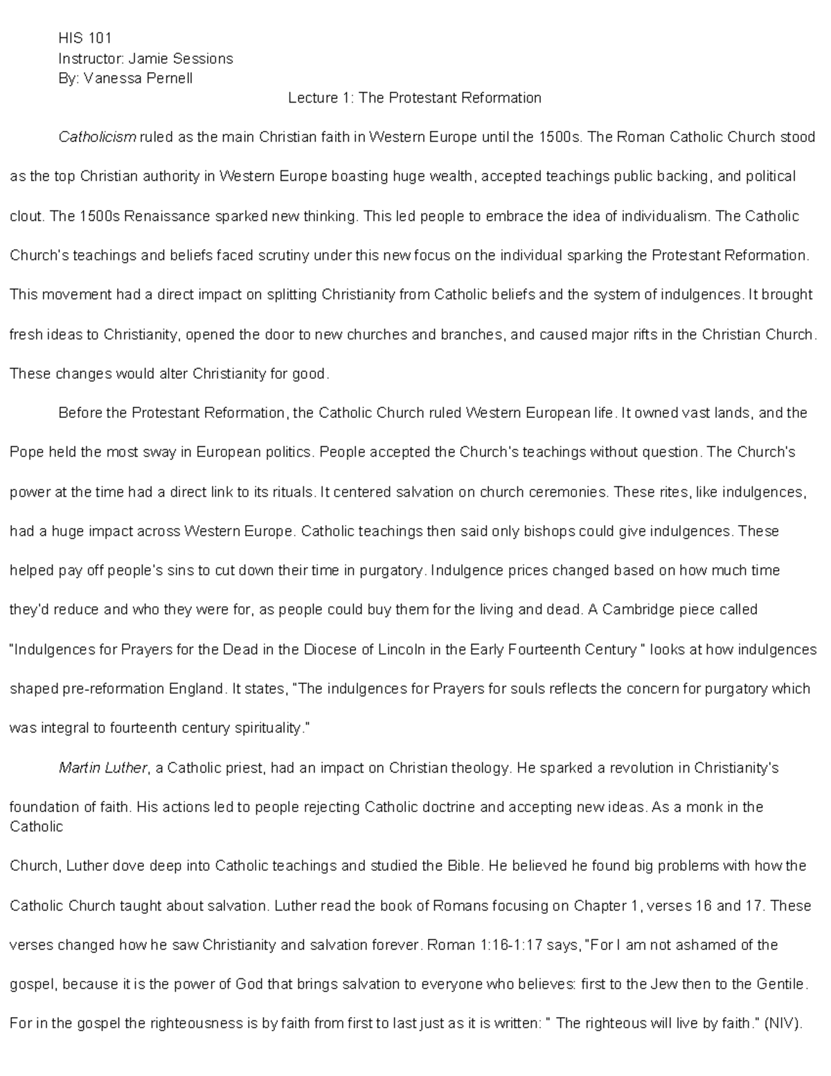 HIS 101 Lecture 1: The Protestant Reformation Overview - Studocu