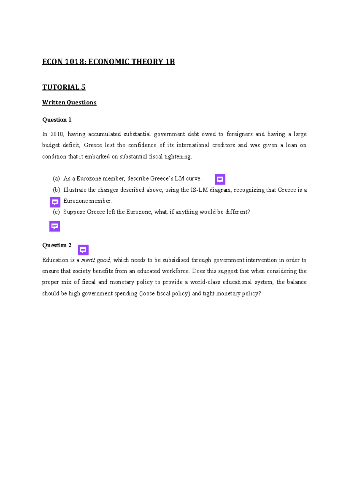 Tut 5 Macro - tutorial 2 - ECON 1018: ECONOMIC THEORY 1B TUTORIAL 5 ...