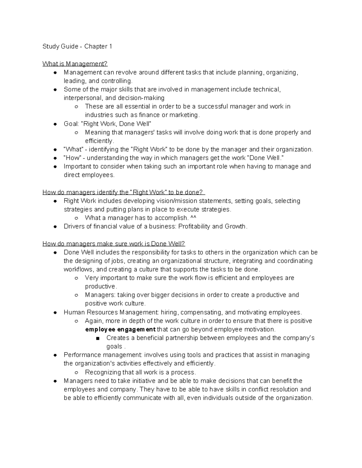 Study Guide - Chapter 1 - Some of the major skills that are involved in management include - Studocu
