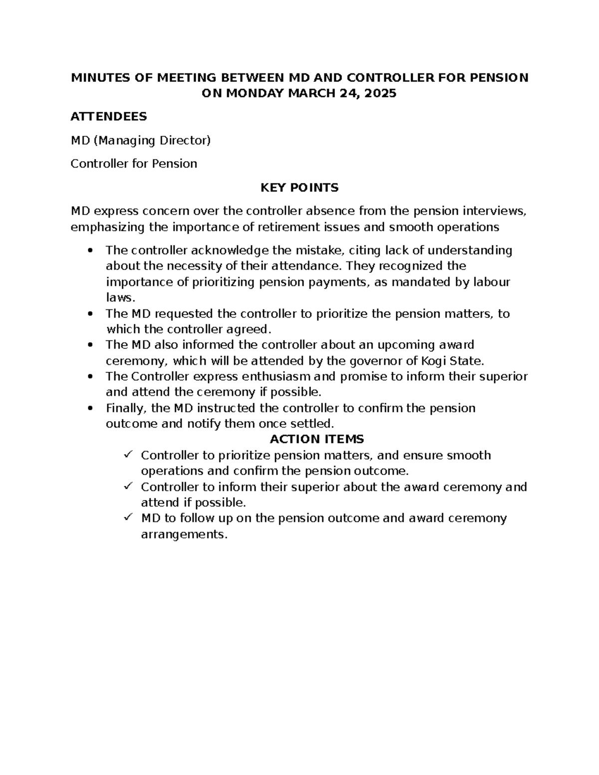 Meeting Minutes: MD & Controller on Pension Matters - Mar 24, 2025 ...