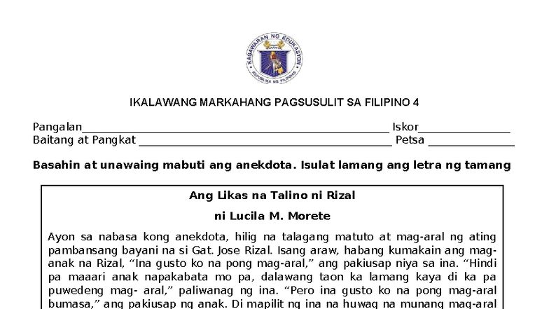Q2-PT-Filipino 4 - Markahang Pagsusulit sa Anekdota at Karanasan - Studocu