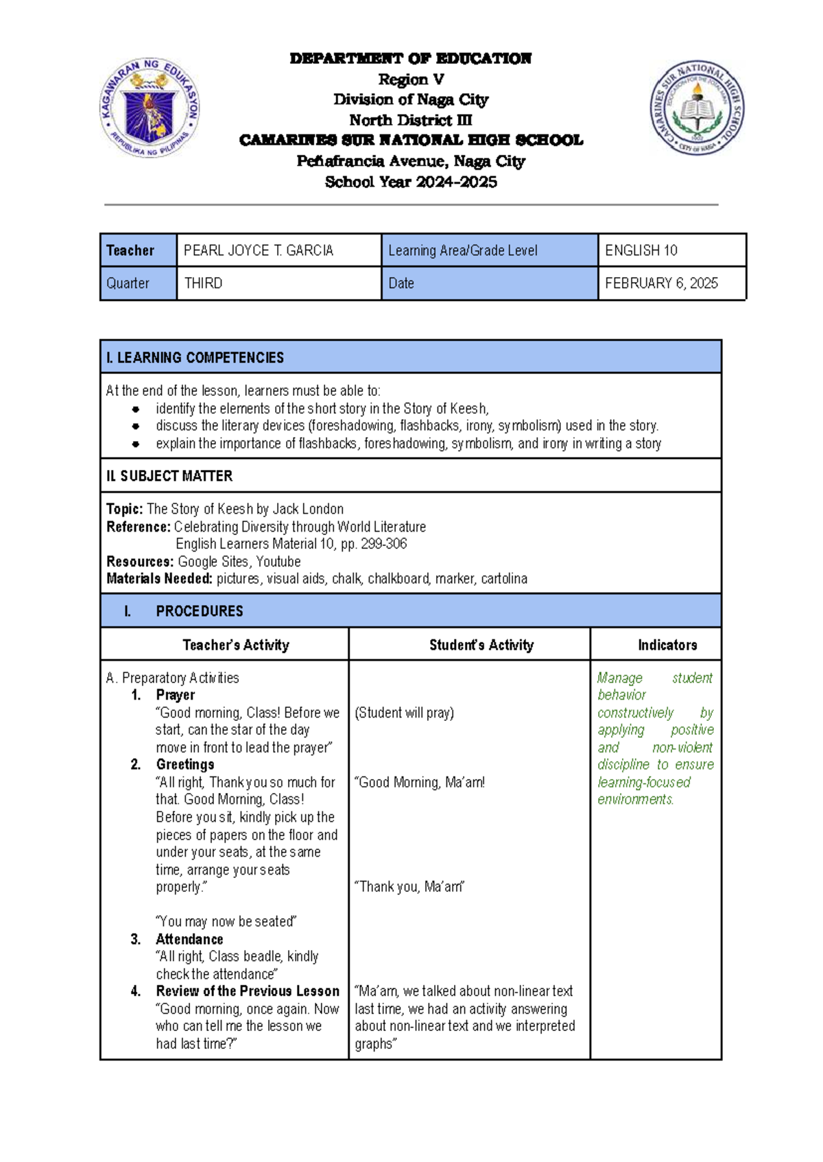 Q3 L2 - Detailed Lesson Plan on "The Story of Keesh" for English 10 ...