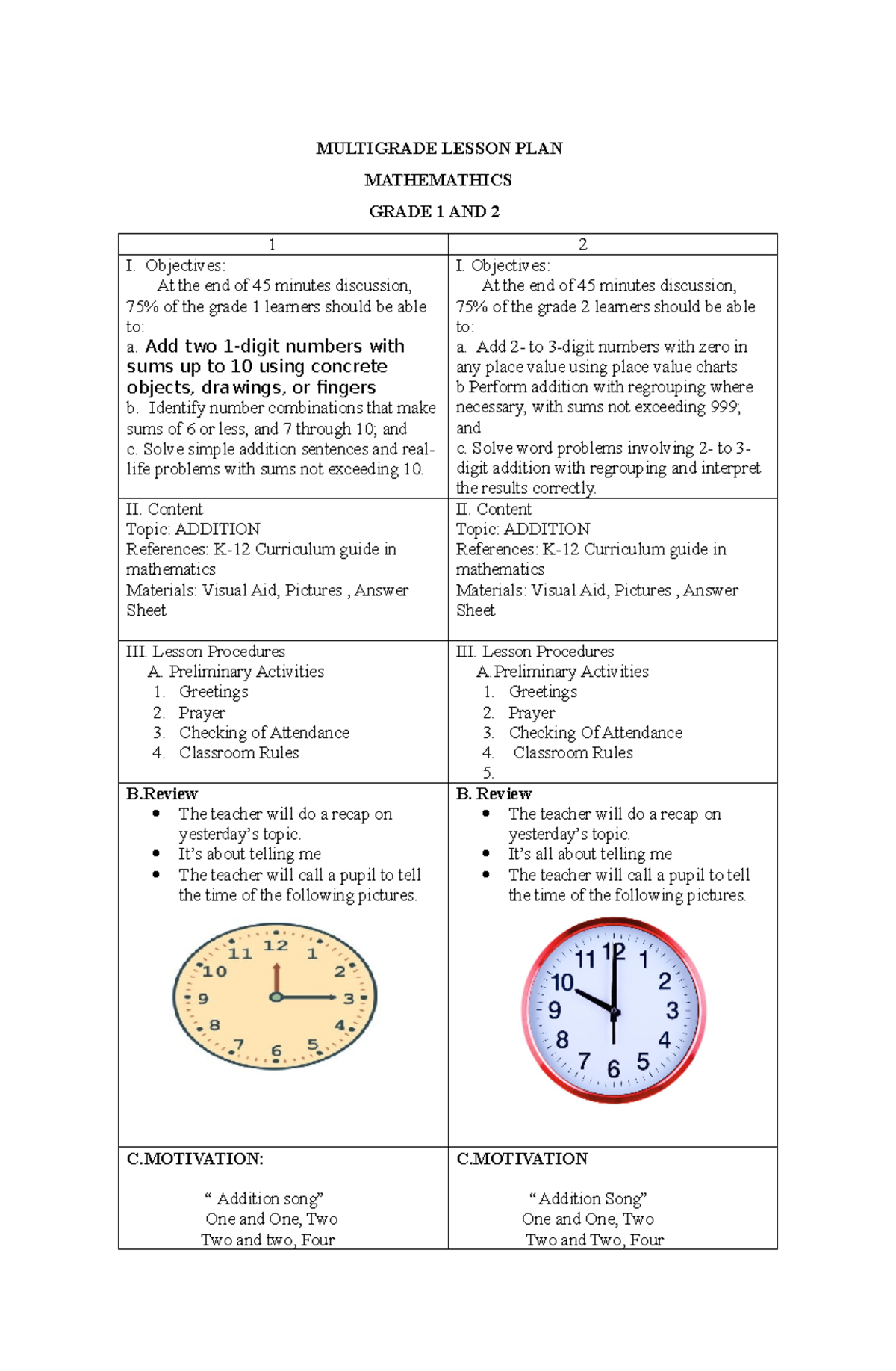 Multigrade Lesson Plan for Math (Grades 1 & 2): Addition Strategies - Studocu
