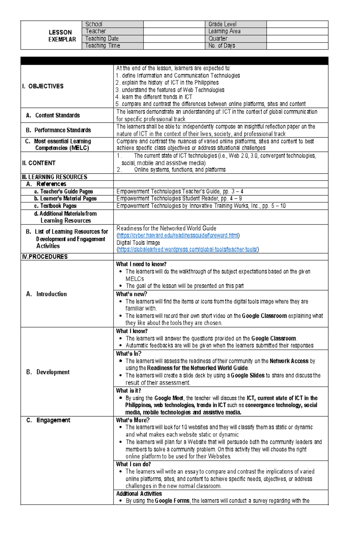Editable Template for Lesson Exemplar in ICT and Technology Integration ...