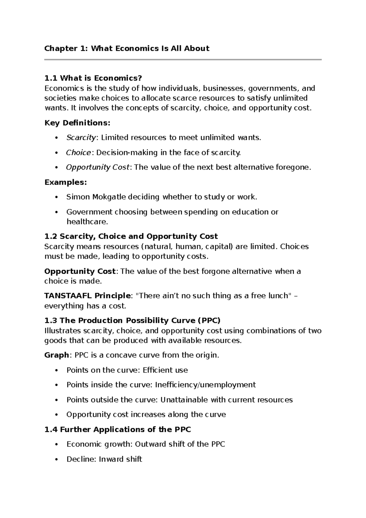 Chapter 1: Introduction to Economics - Scarcity, Choice & PPC - Studocu