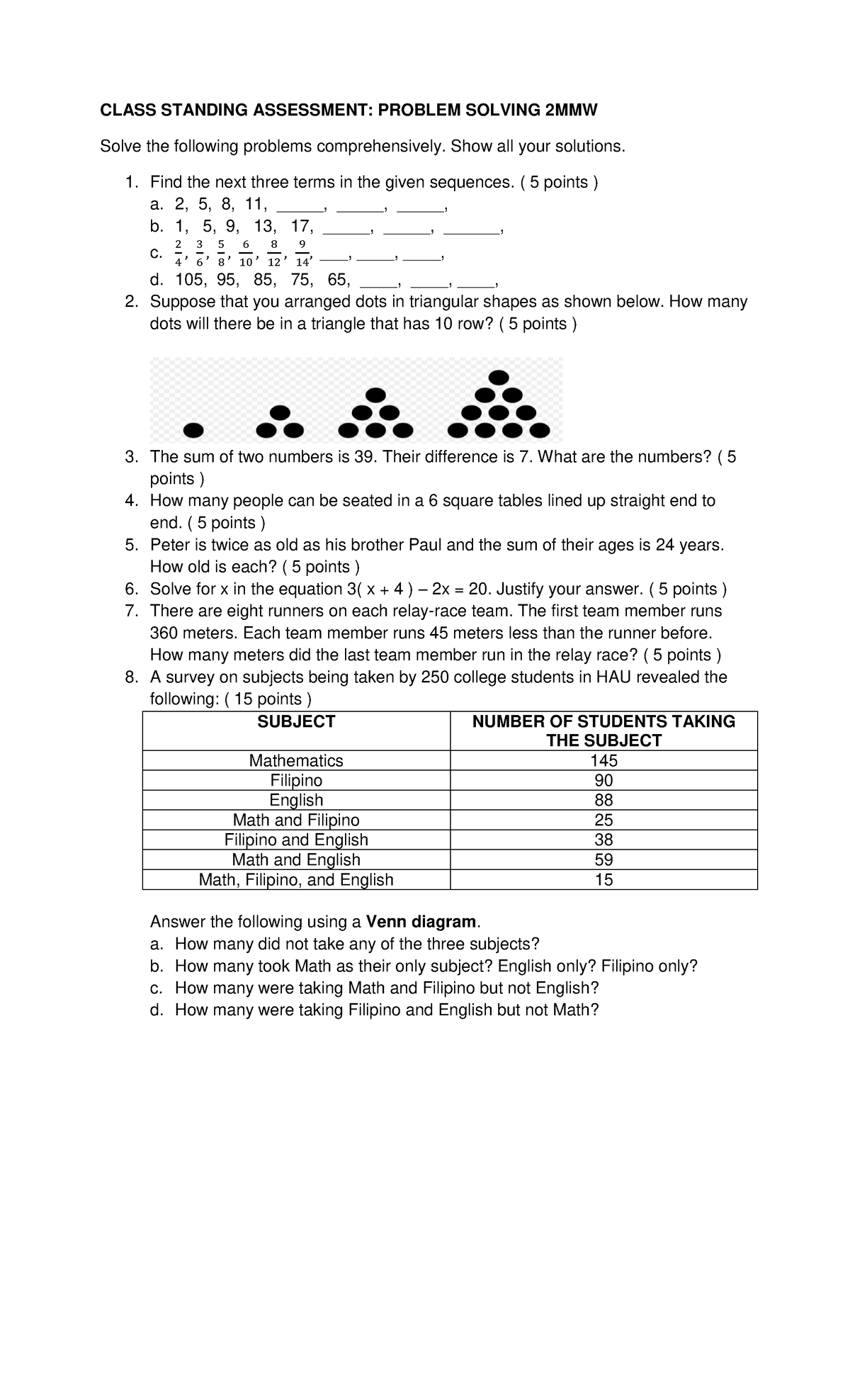 Class Standing Assessment- Problem Solving - CLASS STANDING ASSESSMENT ...