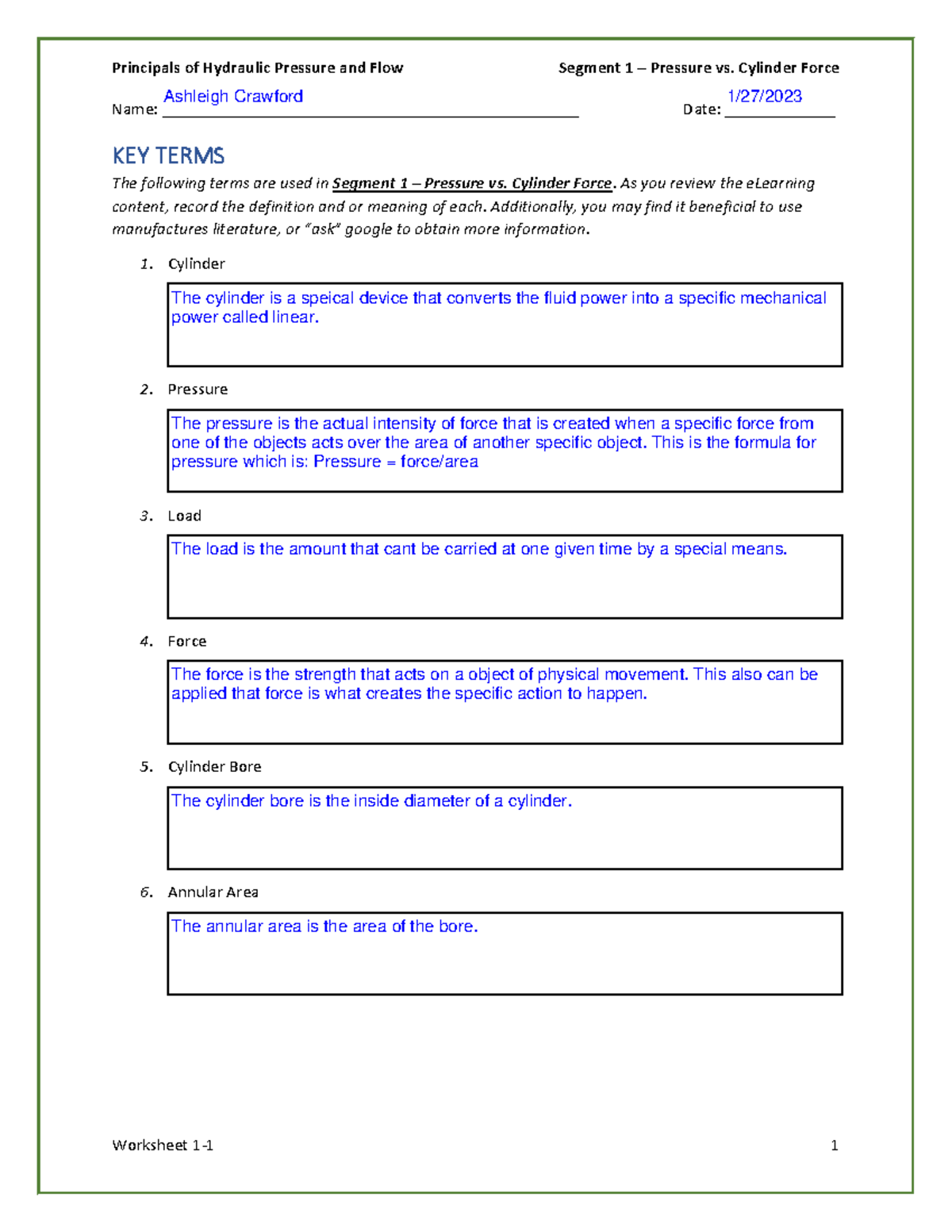 A04 Worksheet: Hydraulic Pressure & Flow Concepts and Answers - Studocu