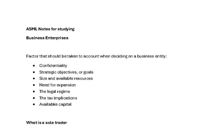 ASML Business Entities Study Notes: Sole Traders, Partnerships ...
