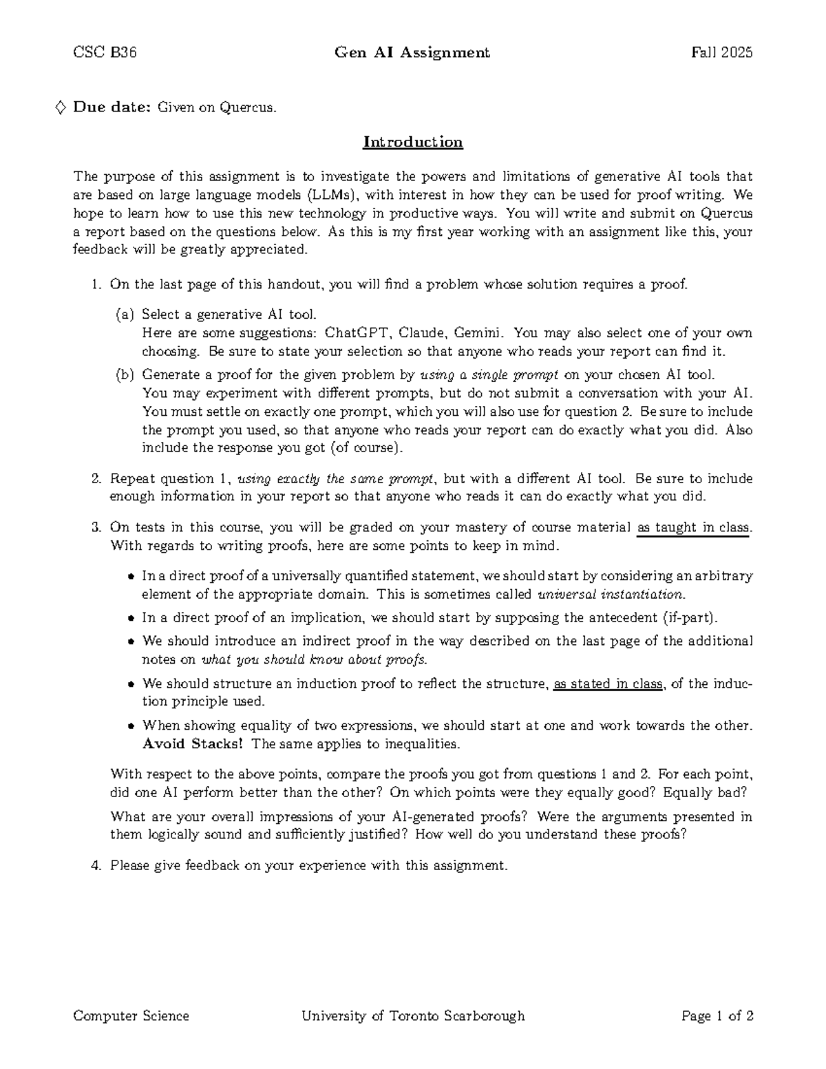 CSC B36 Fall 2025 Generative AI Assignment Overview and Guidelines ...