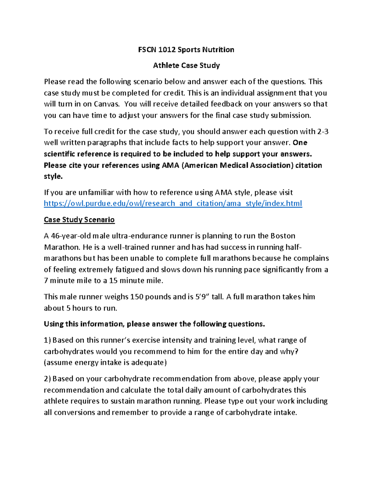 Athlete Case Fall 2021 - Case study one - FSCN 1012 Sports Nutrition ...