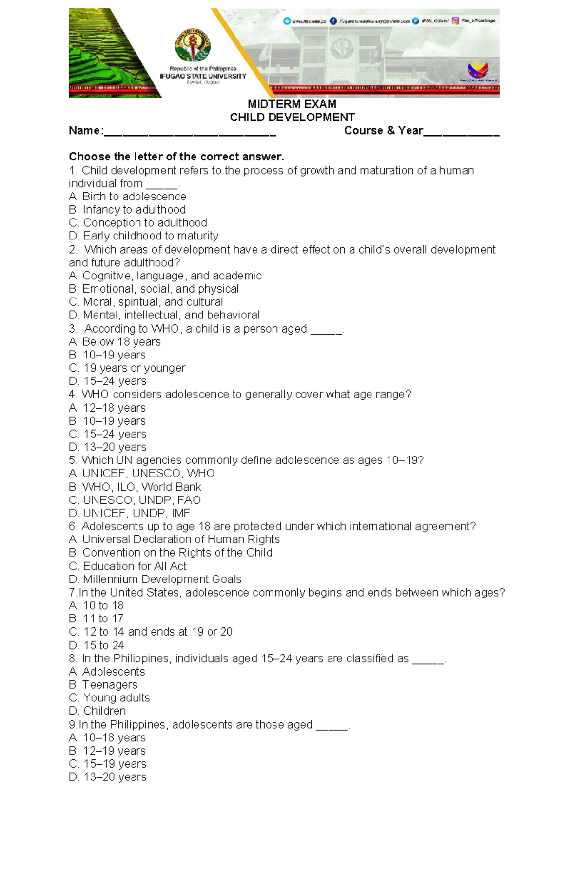 MIDTERM EXAM CHILD DEVELOPMENT (Course Code) - Key Concepts and ...