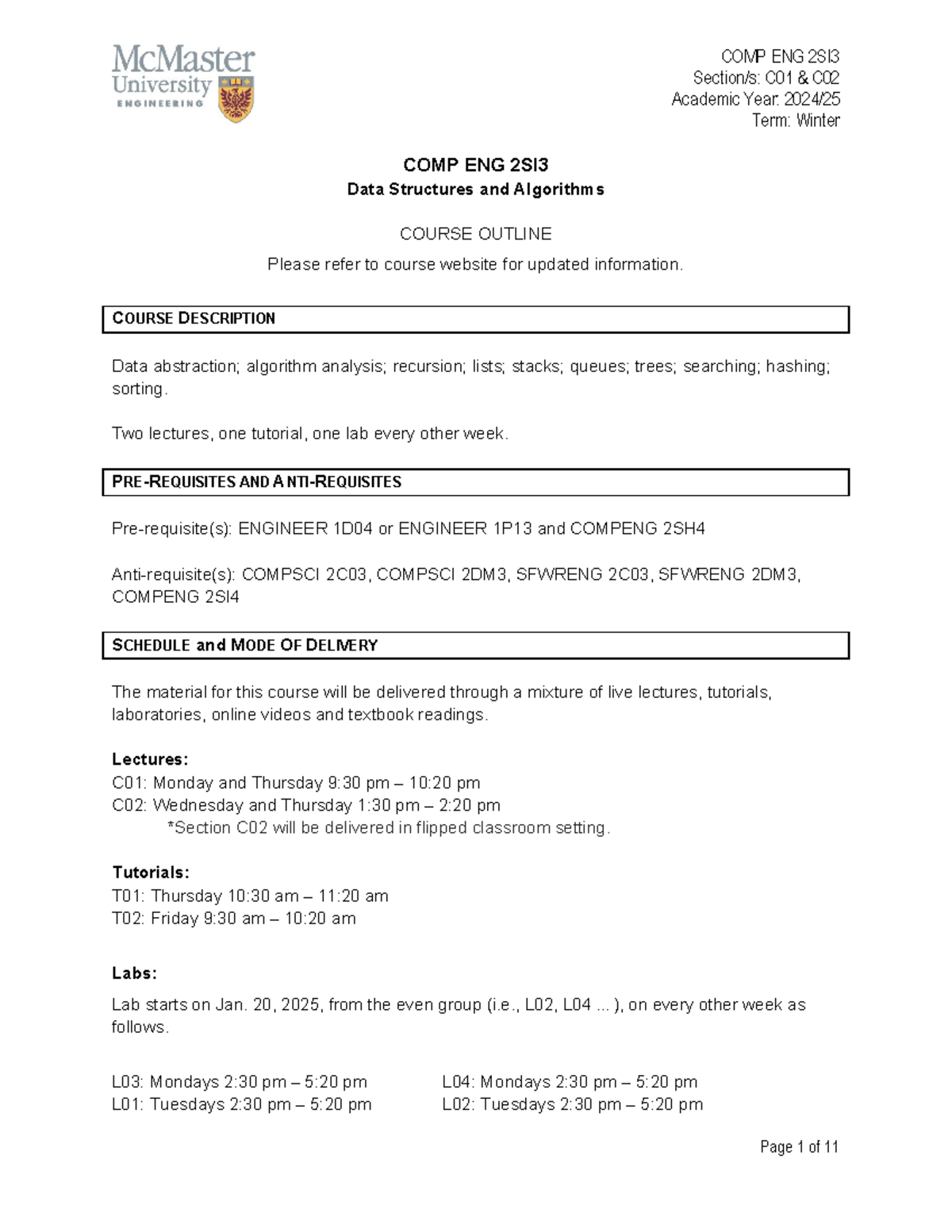 COMP ENG 2SI3 C01 C02 Winter Term Course Outline: Data Structures & Algorithms - Studocu