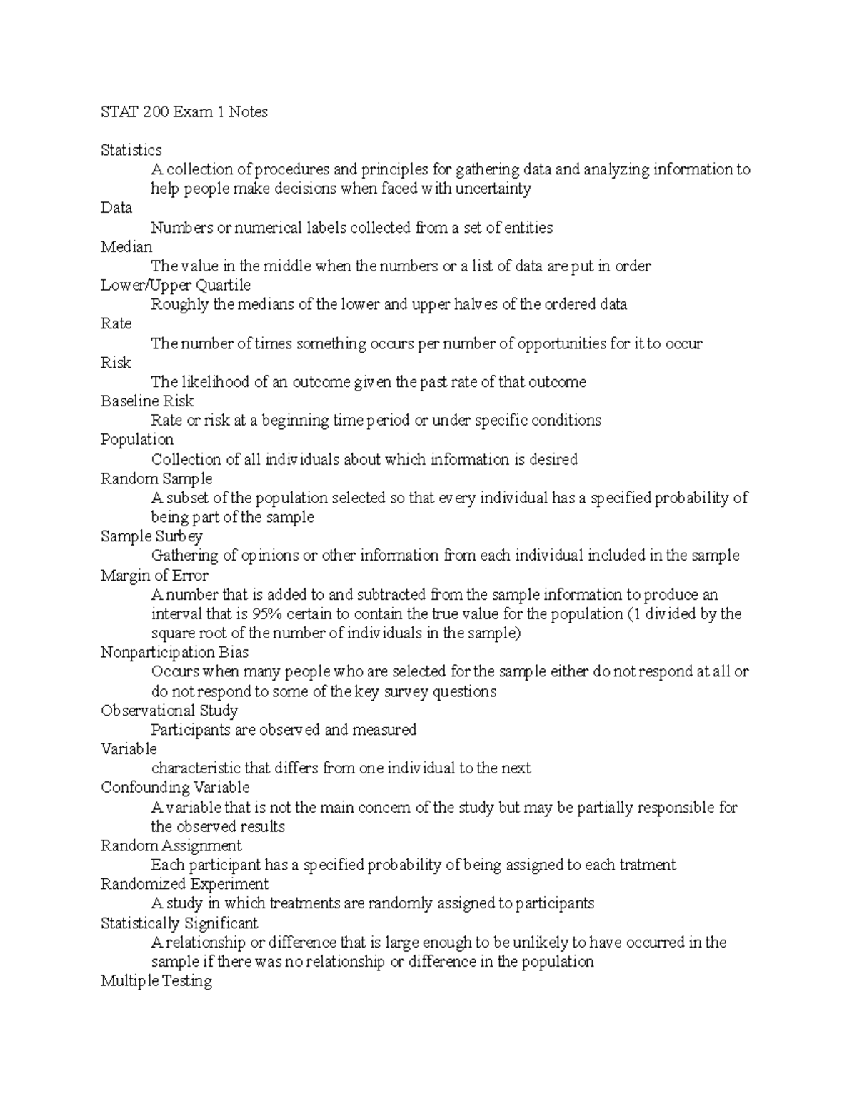 STAT 200 Exam 1 Notes - Professor Patricia Buchanan - TR 10:35am - 11 ...