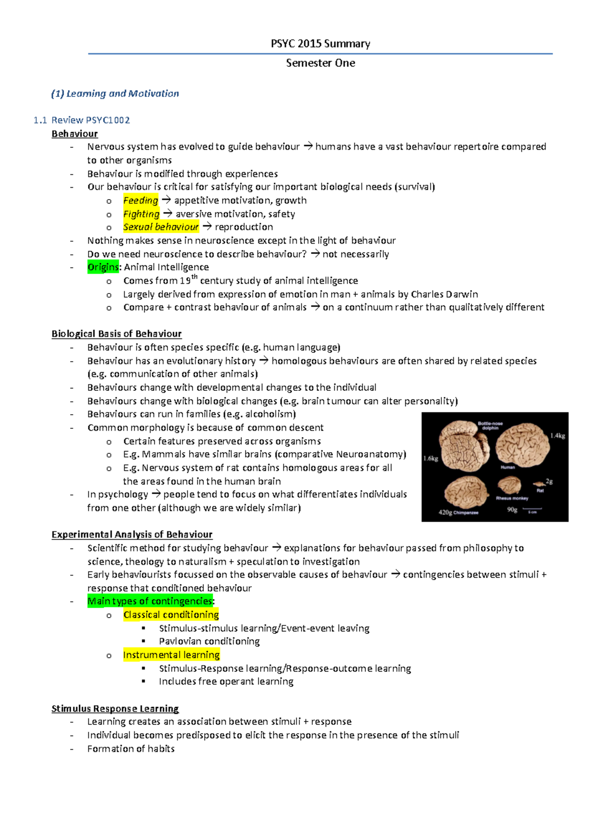 PSYC2015 Final Summary - Semester One (1) Learning and Motivation 1 ...