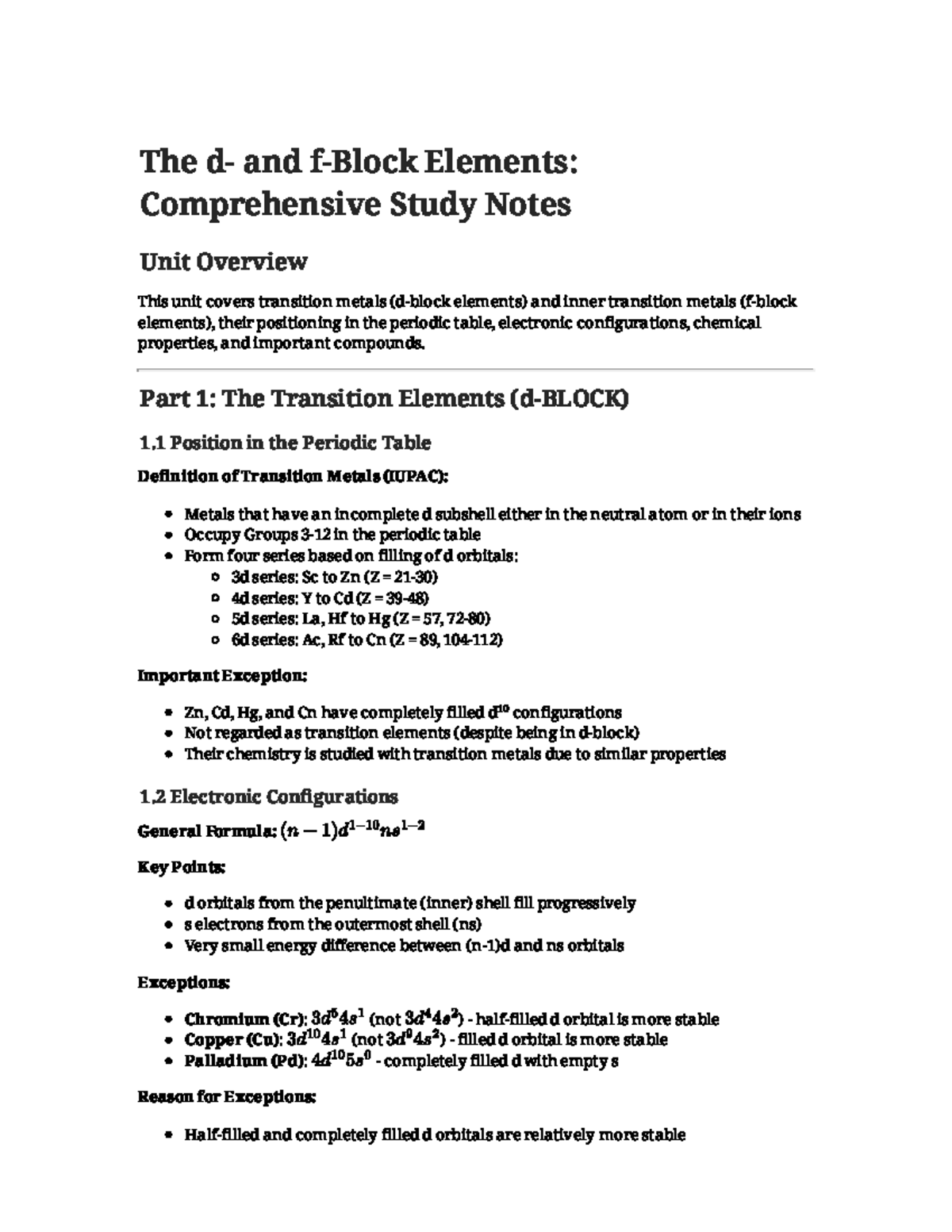 D-Block and F-Block Elements: Comprehensive Study Notes (Class 12 ...