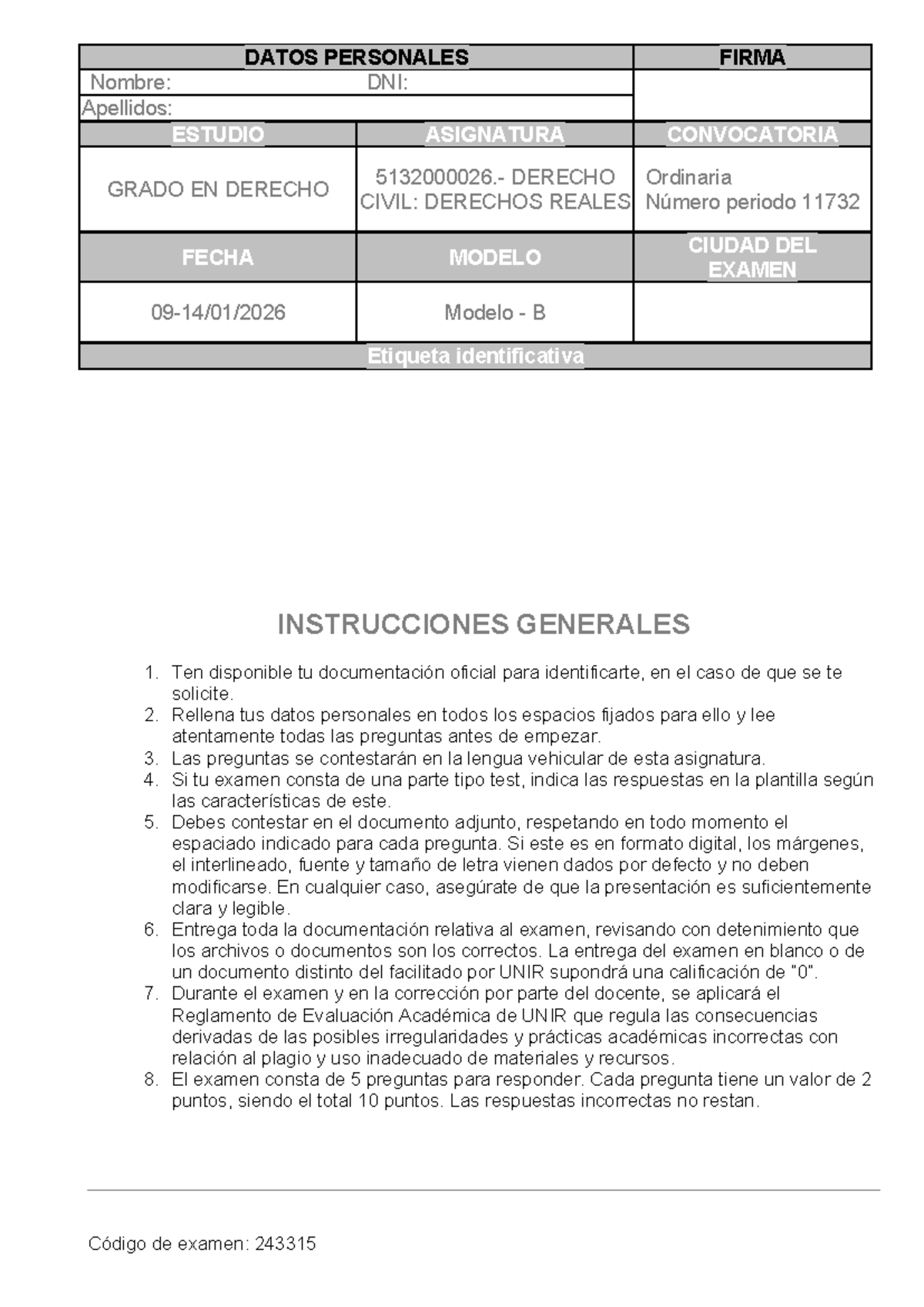 Examen Ordinario Derecho Civil - Código 243315 - Studeersnel