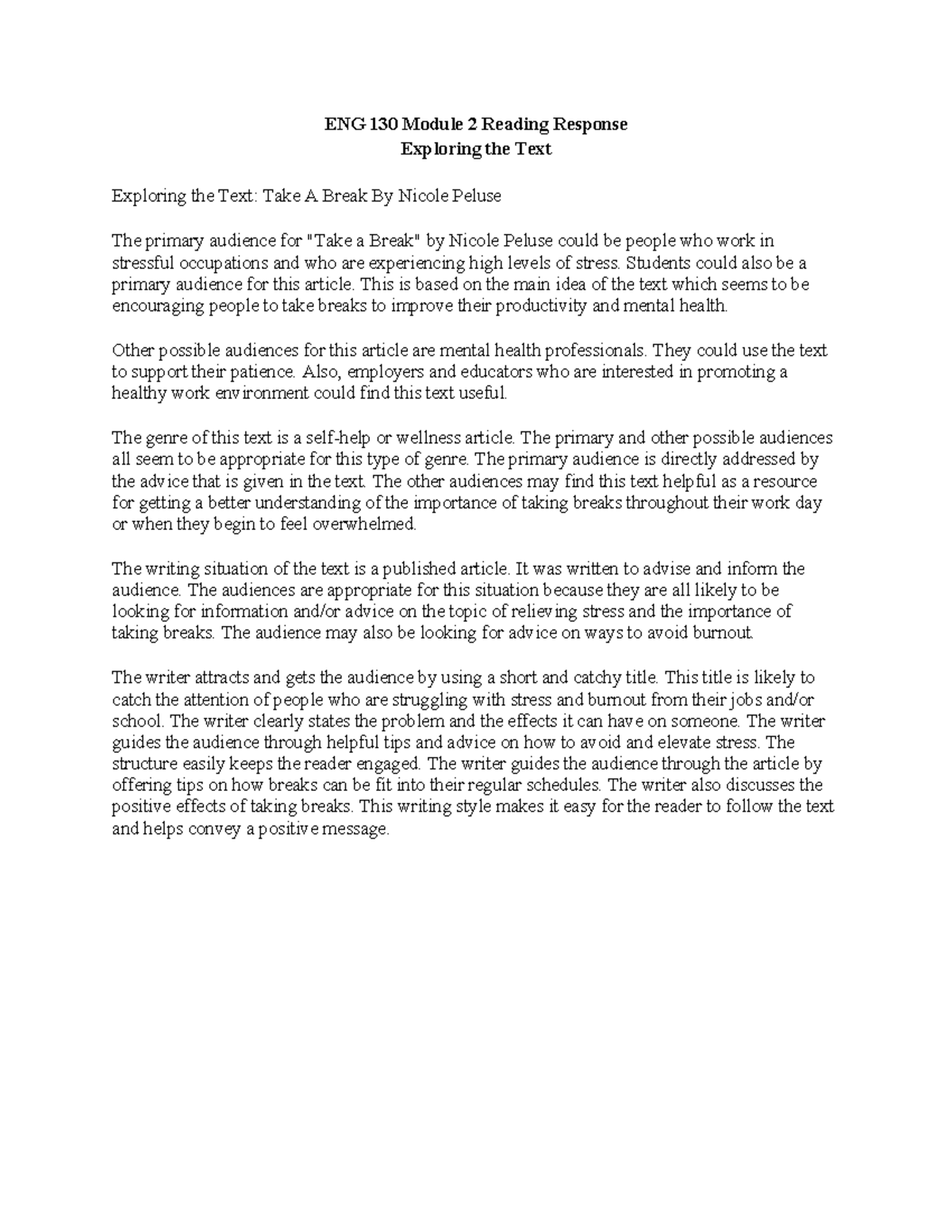 ENG 130 Module 2 Reading Response: Analyzing "Take a Break" by Peluse - Studocu