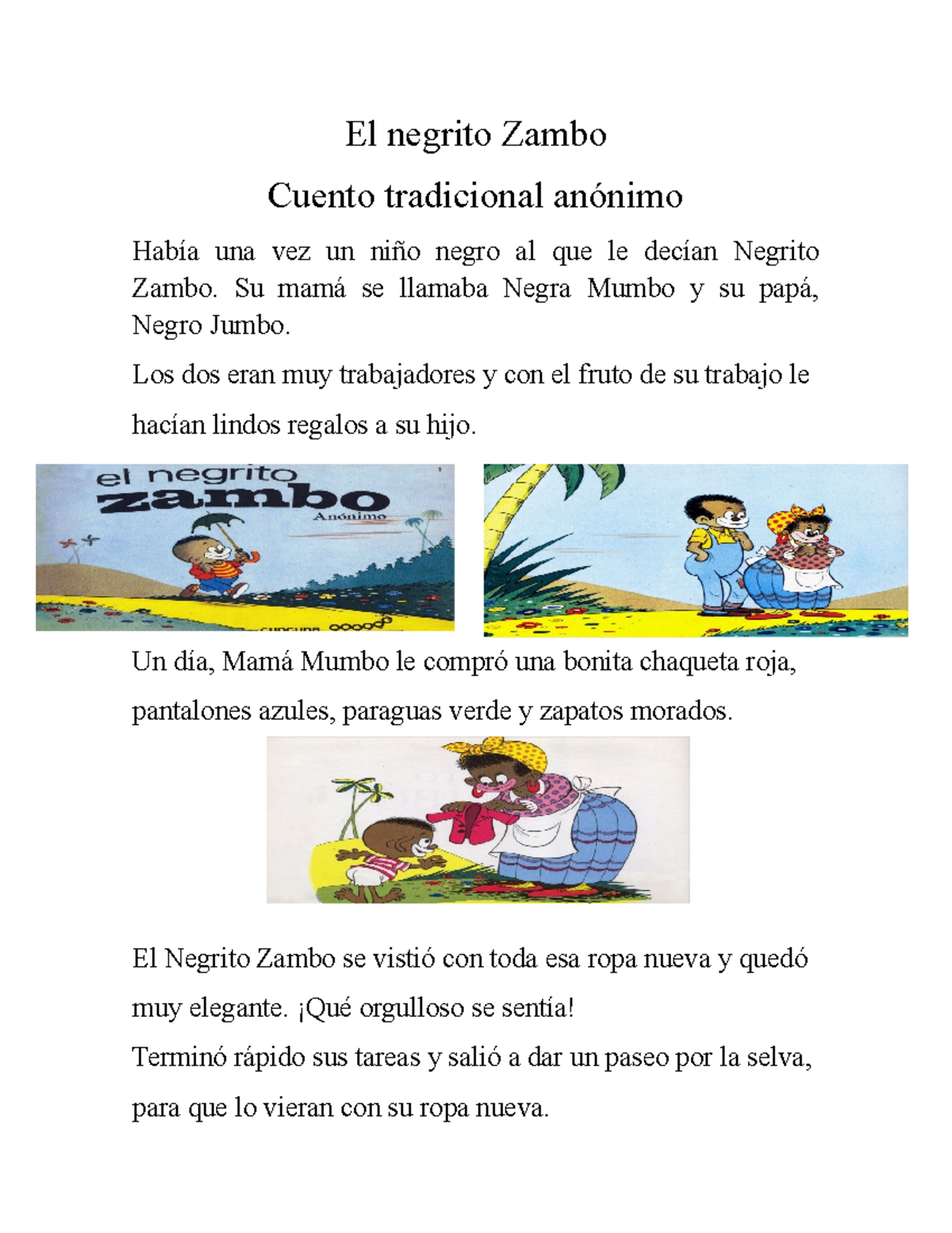 El negrito Zambo: Cuento Tradicional Anónimo y Actividades - Studocu