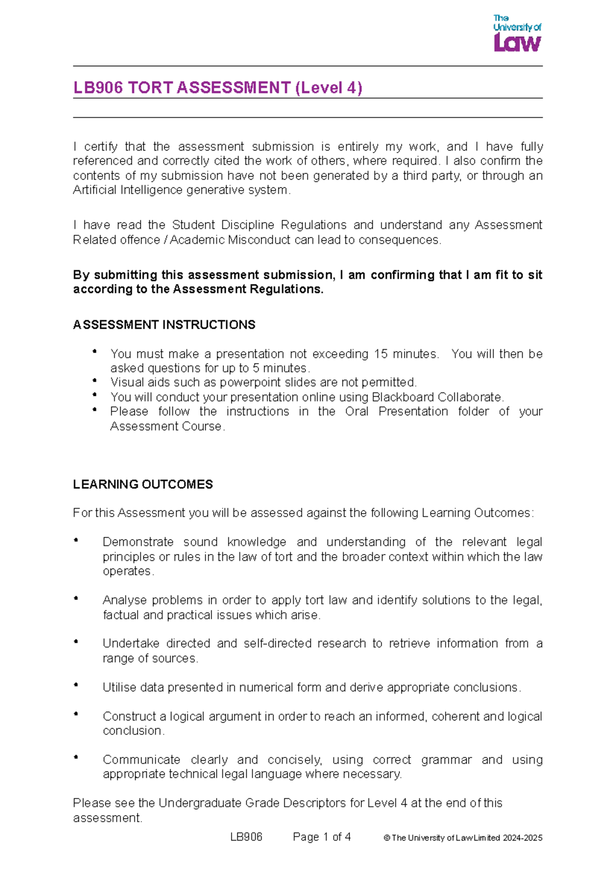 LB906 TORT ASSESSMENT (Level 4) - Presentation Guidelines and Case ...